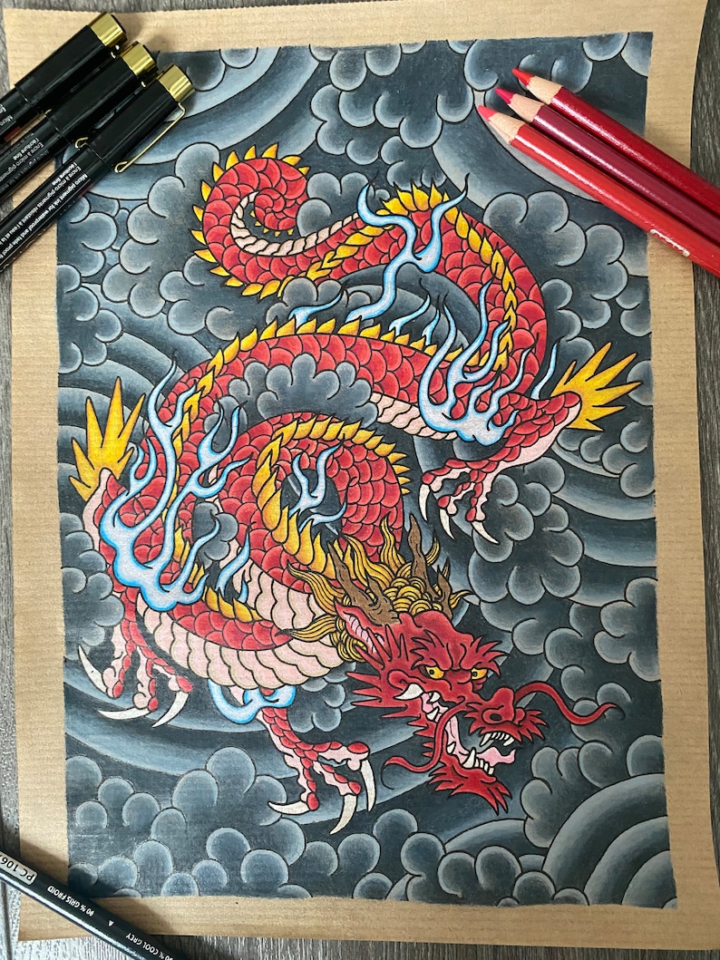 Red Dragon print, A4, Colour Pencil & Fineliner - Etsy
