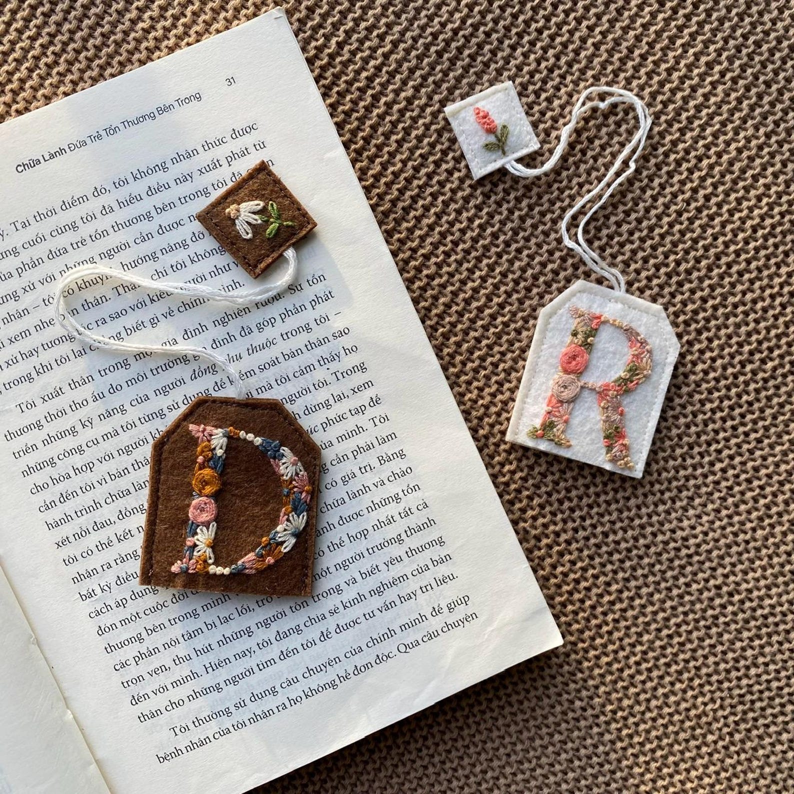 Cottagecore Tea Bag Bookmark | Personalized Embroidered Floral Initial ...
