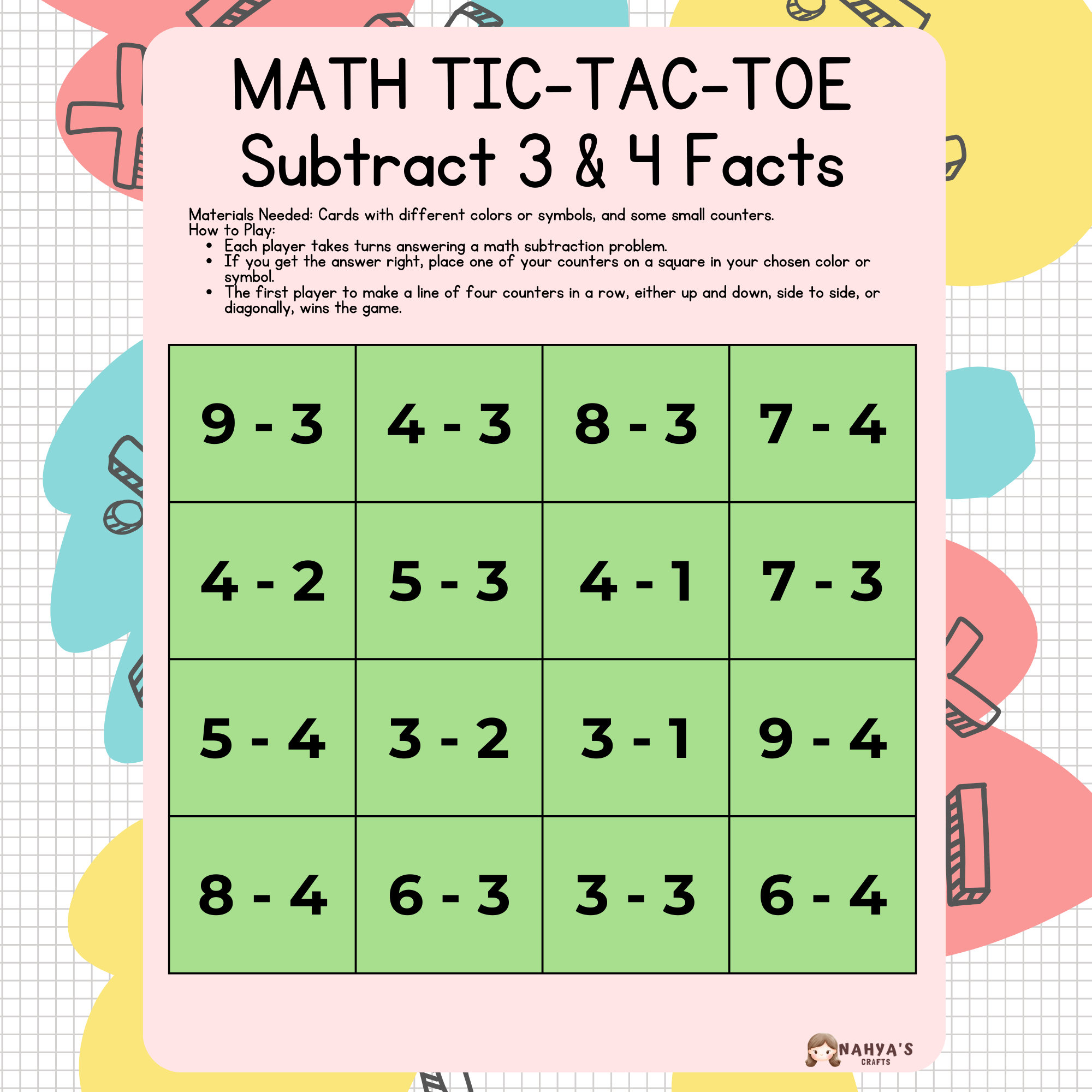 Math Games: Subtraction Tic-tac-toe - Etsy