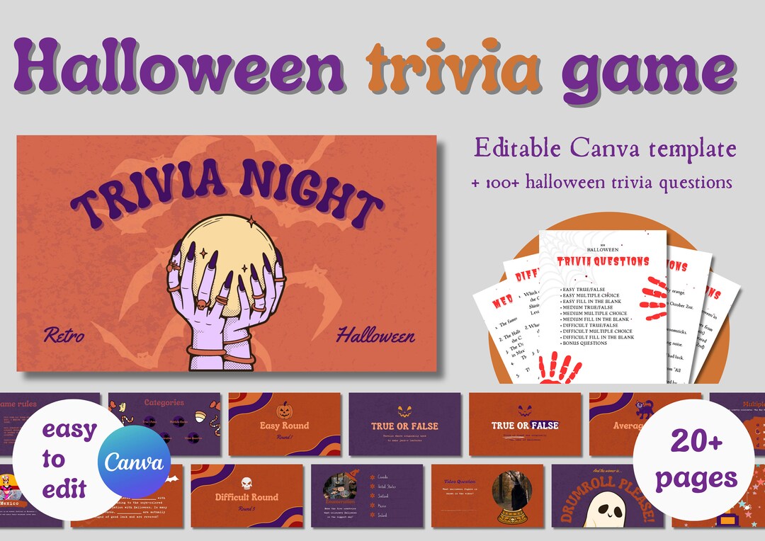 Halloween Trivia, Retro Trivia Game, Editable Canva Template, 100 ...