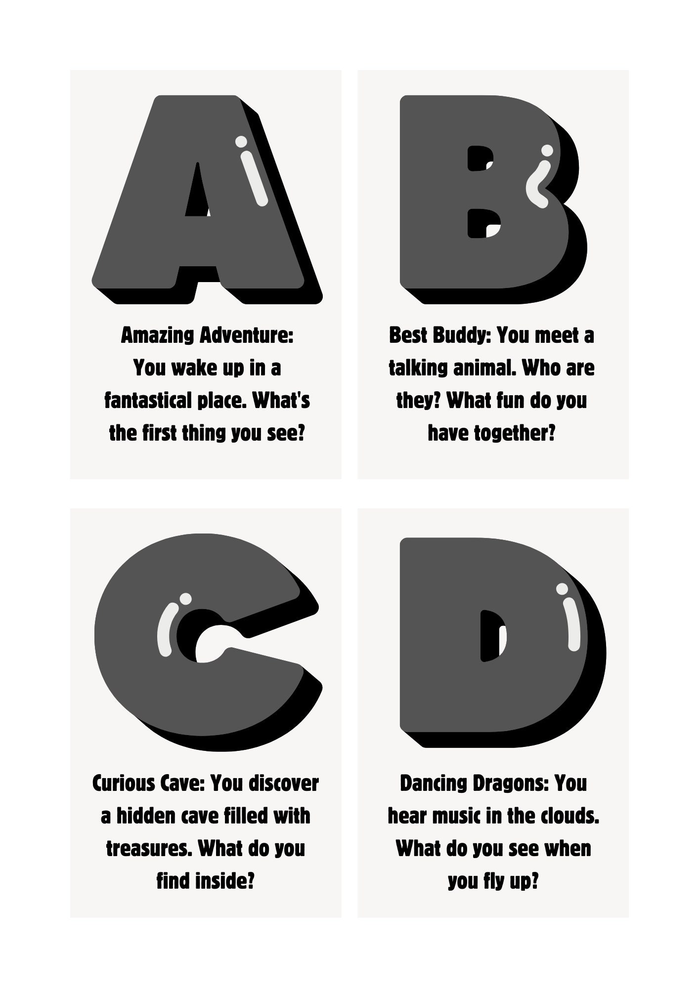 Alphabet Printable Creative Writing Prompts List and Cards: ABC ...