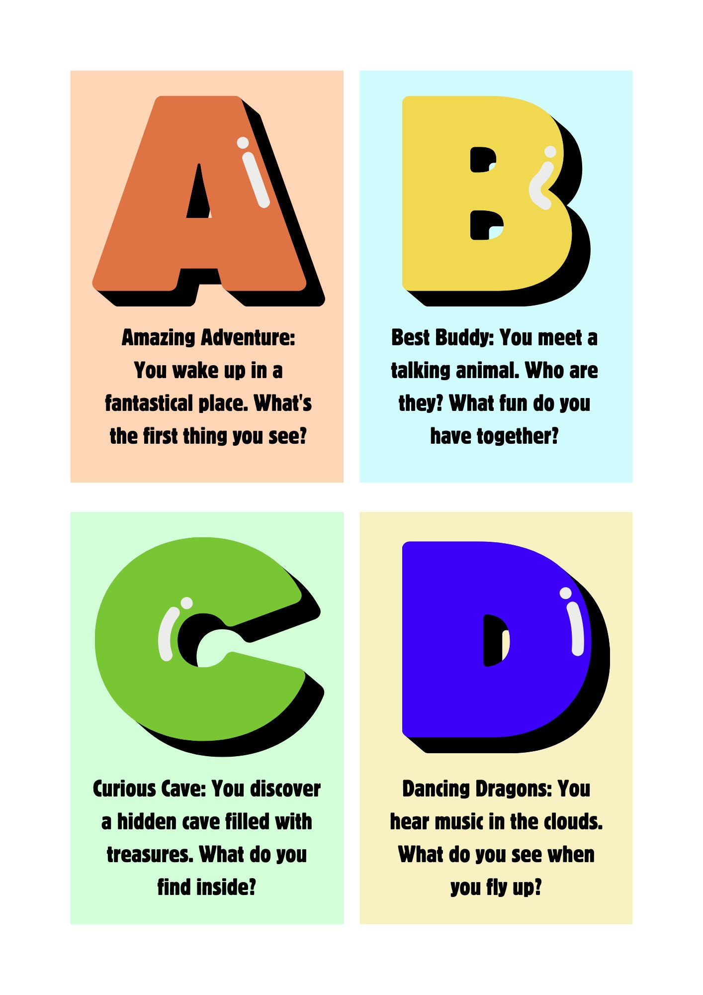 Alphabet Printable Creative Writing Prompts List and Cards: ABC ...