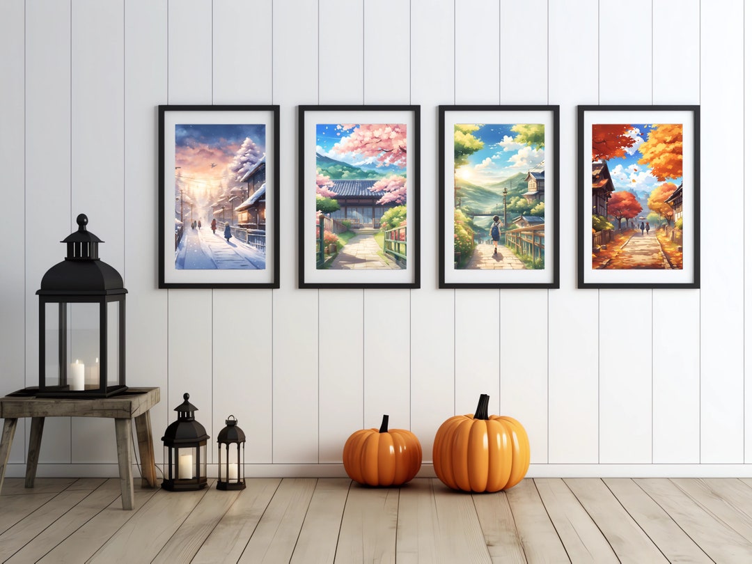 Anime Four Seasons Digital Art Prints, Wall Art Decor, Landscape Wall ...