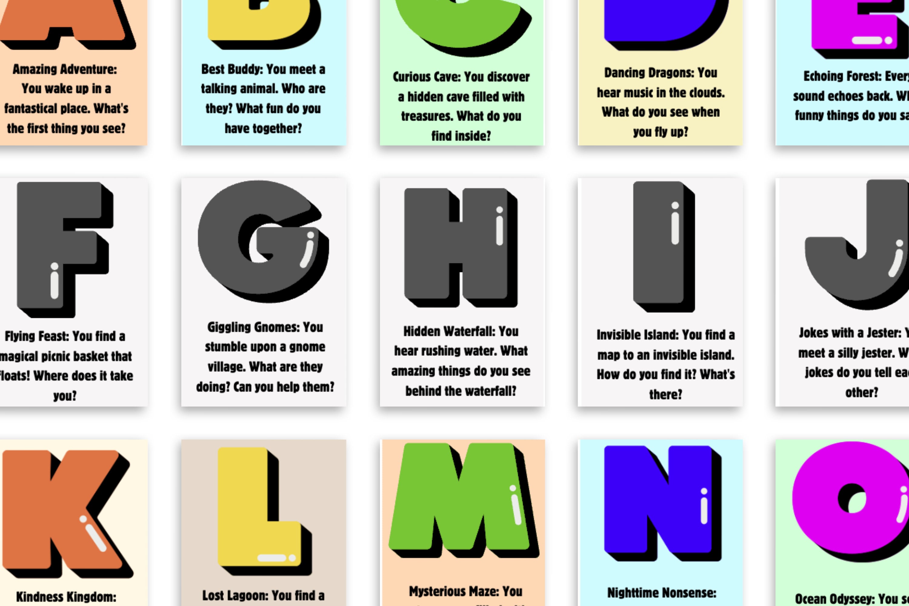 Alphabet Printable Creative Writing Prompts List and Cards: ABC ...
