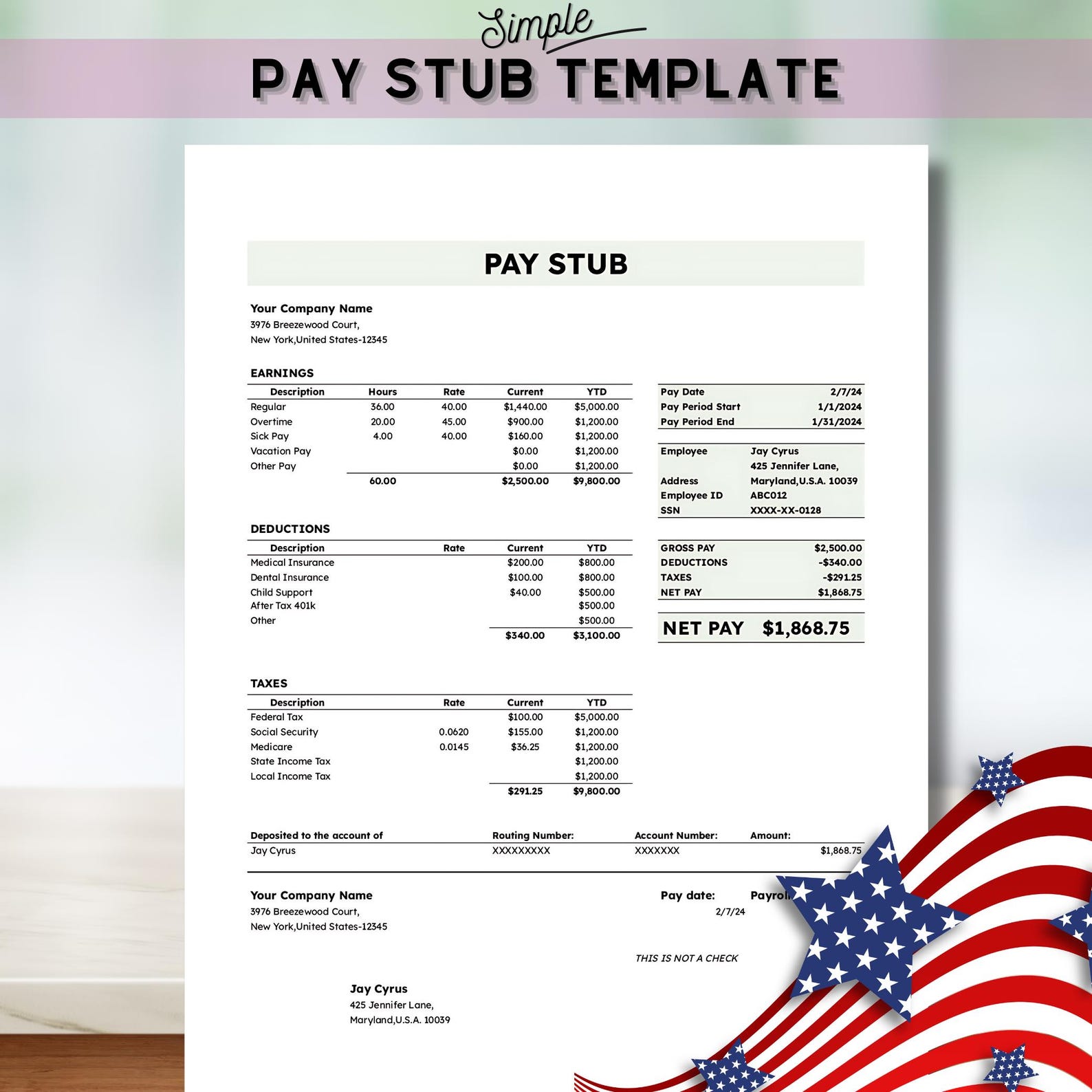 Pay Stub Template for Small Business, Printable Earning Statement ...
