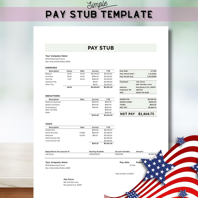 Pay Stub Template for Small Business, Printable Earning Statement ...