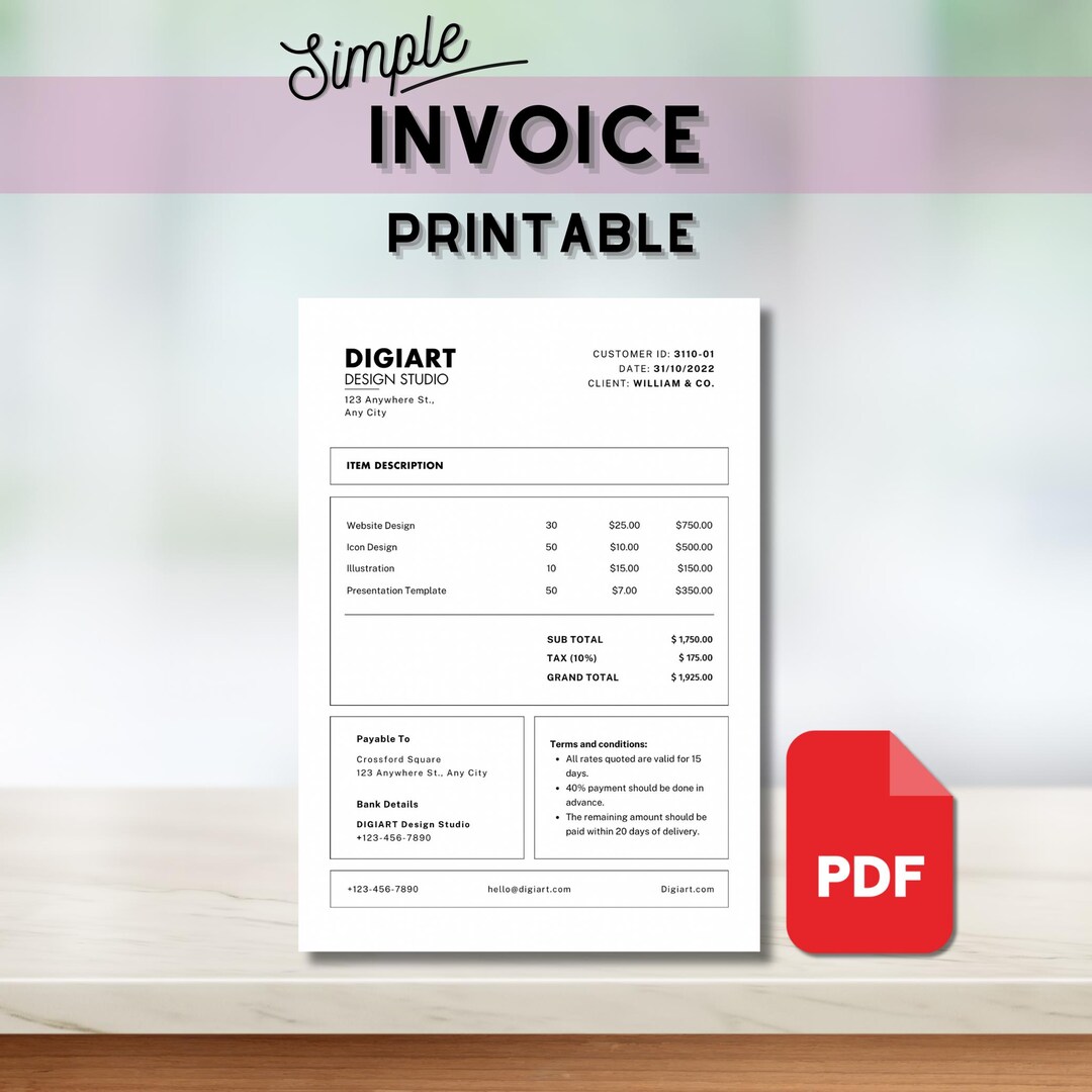 Printable Invoice | Instant Download | Small Business Receipt Template ...