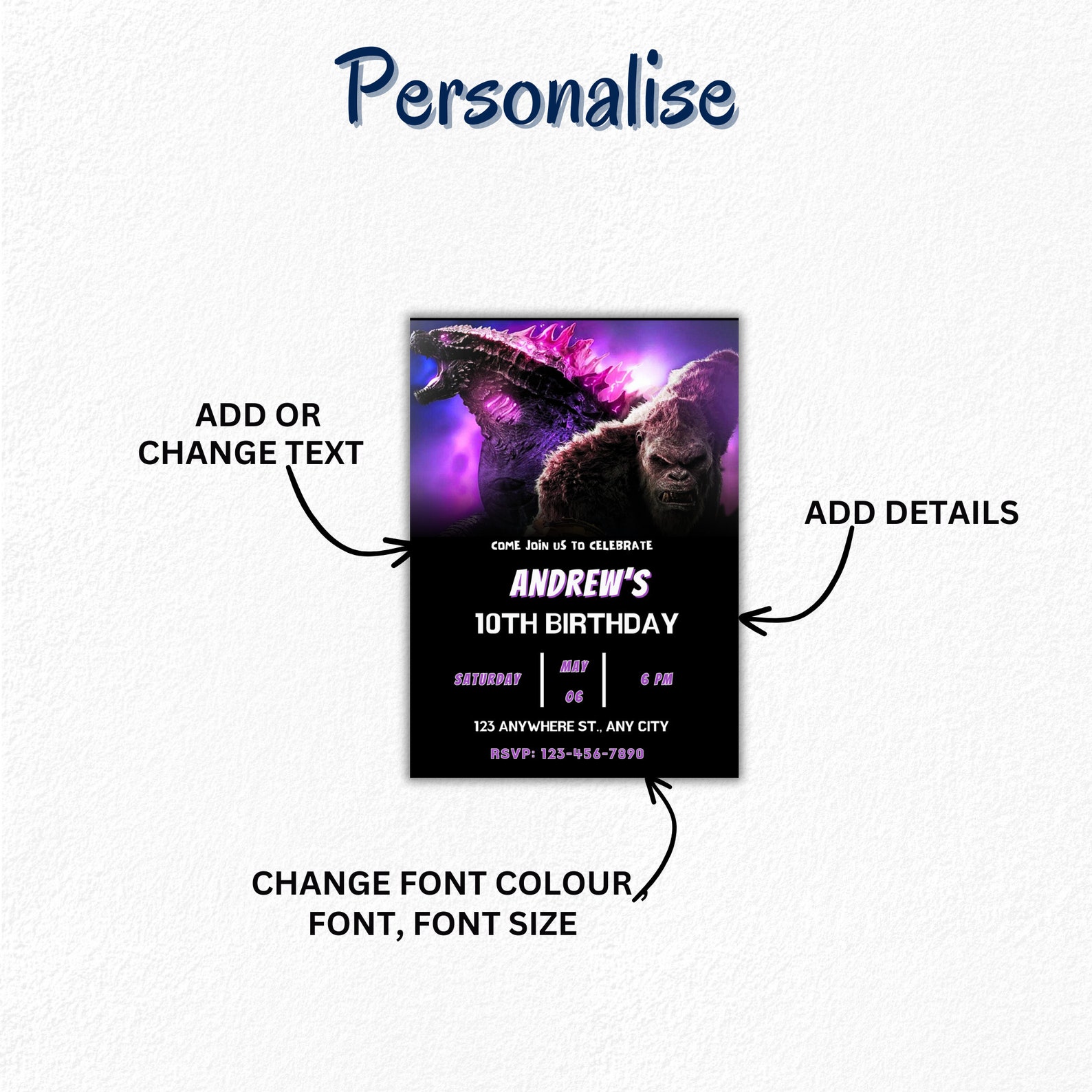 Godzilla Kong Birthday Party Invitation, Godzilla Vs Kong, Kids Party ...