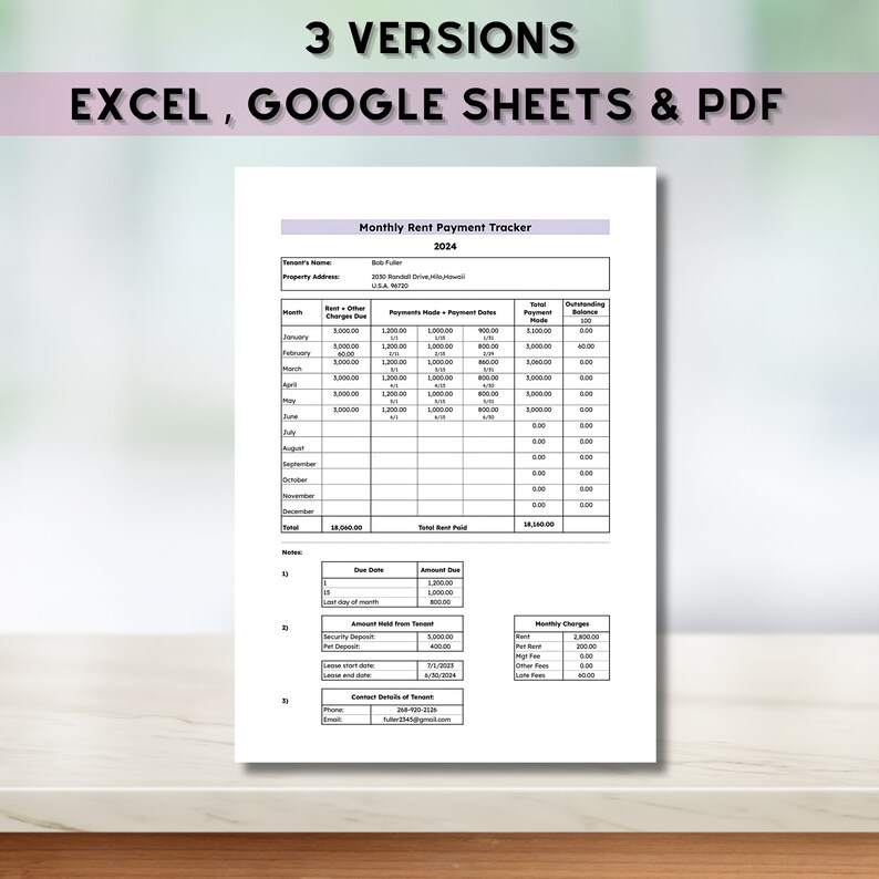 Rent Payment Tracker: Landlord Ledger (excel, Google Sheets, PDF) - Etsy