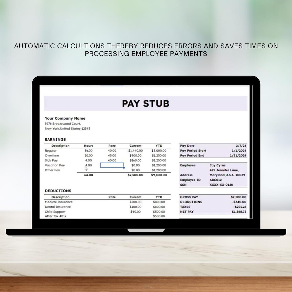 Small Business Paystub Template: Printable Earning Statement (excel ...