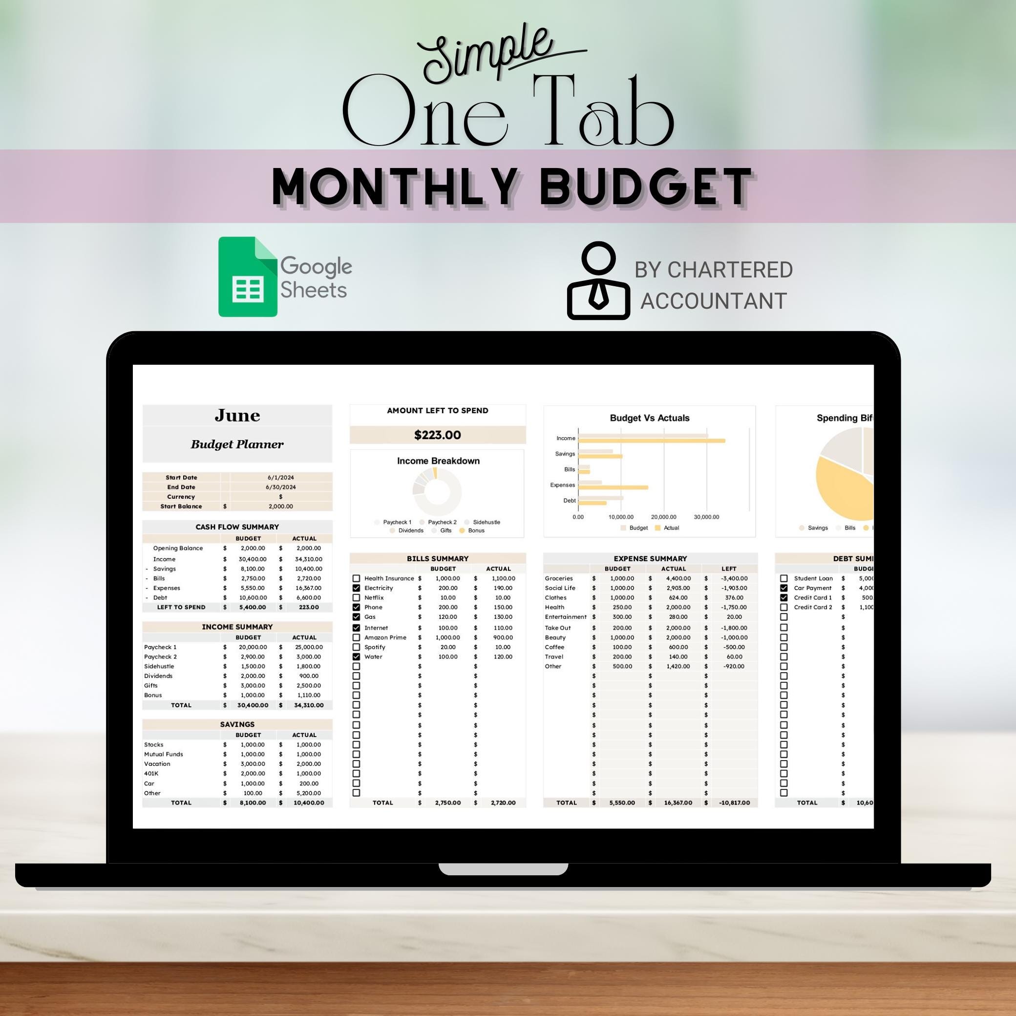 Monthly Budget Spreadsheet Simple, Financial Planner, Budget Template ...