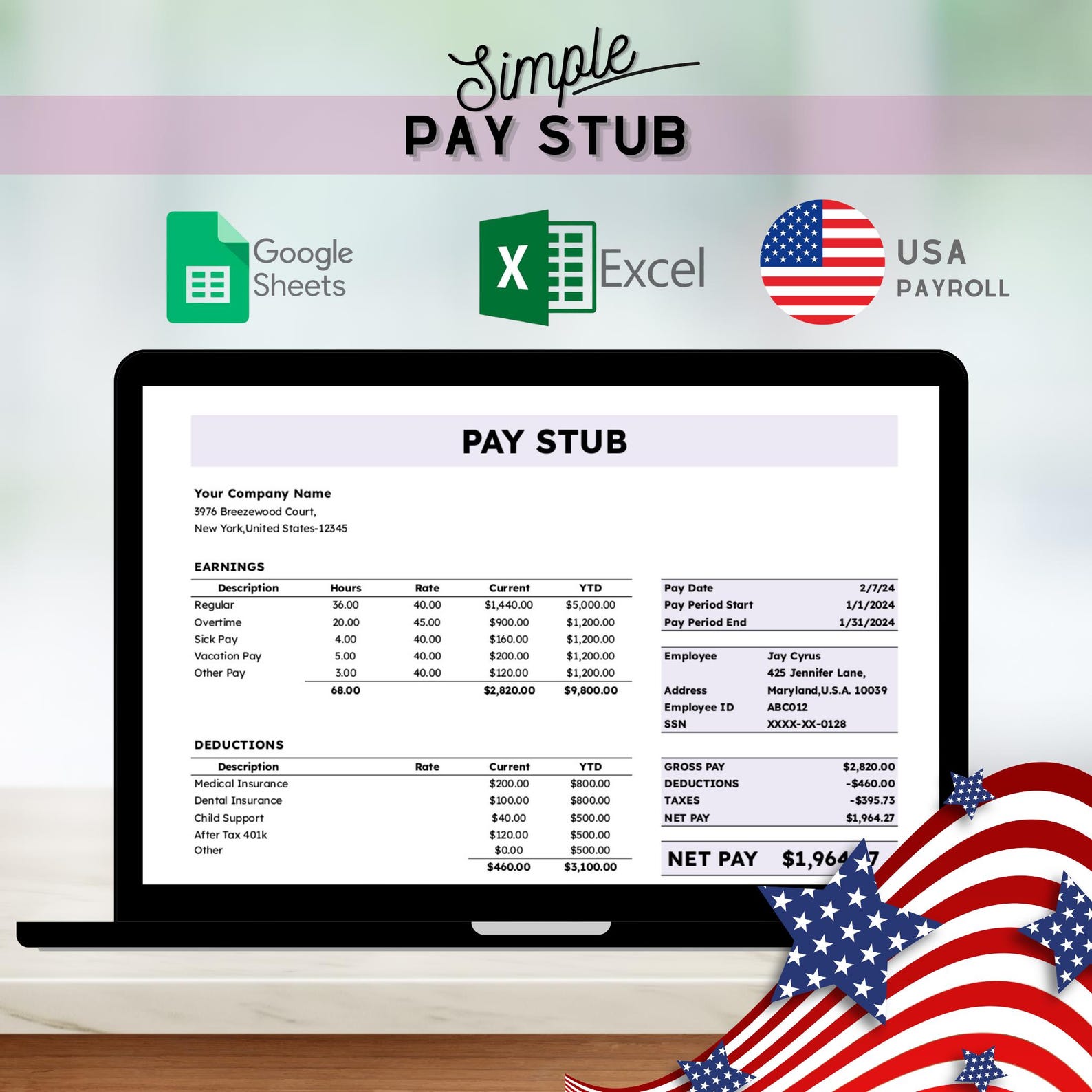 Easy to Use Paystub Template for Small Business, Pay Stub After Tax ...
