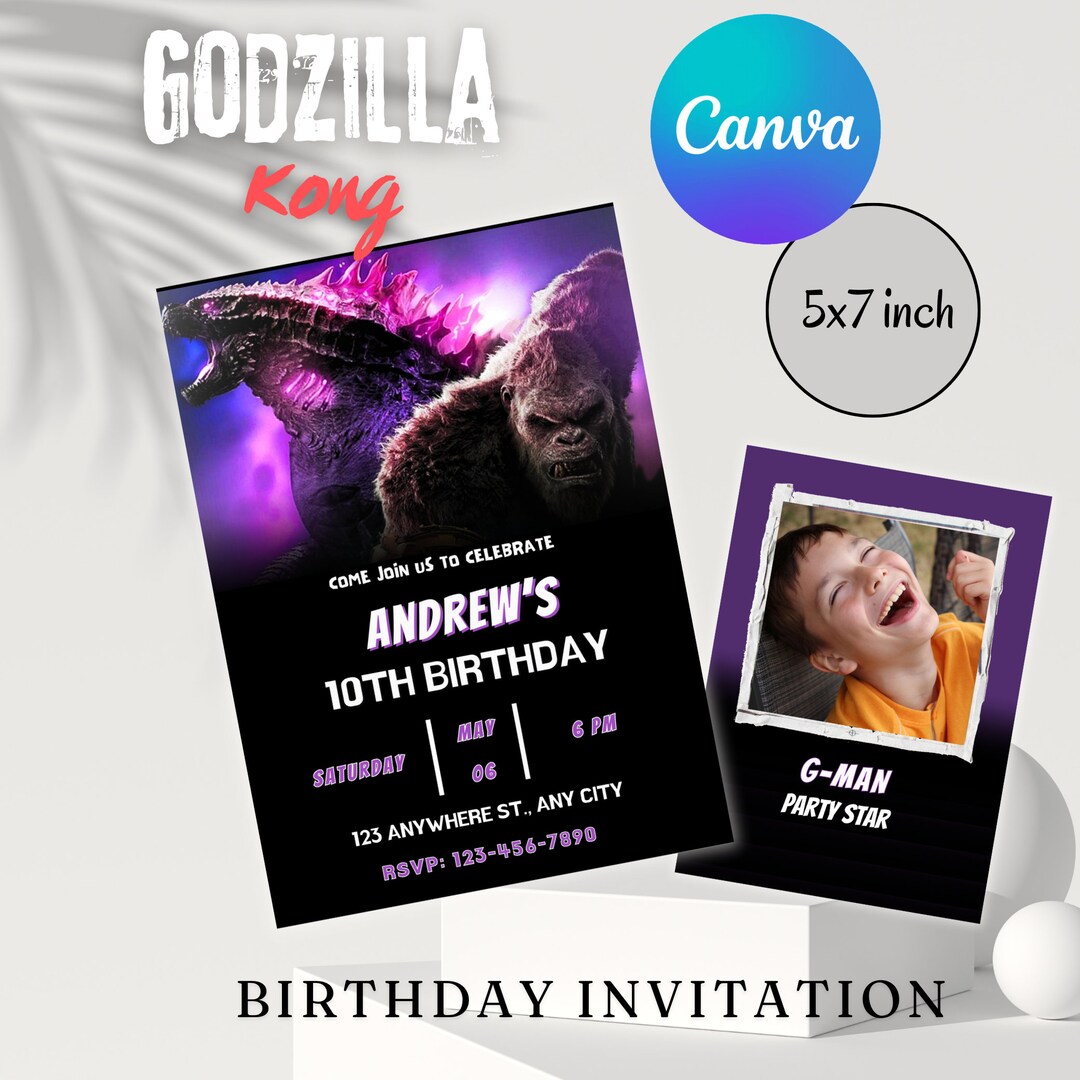 Godzilla Kong Birthday Party Invitation, Godzilla Vs Kong, Kids Party ...