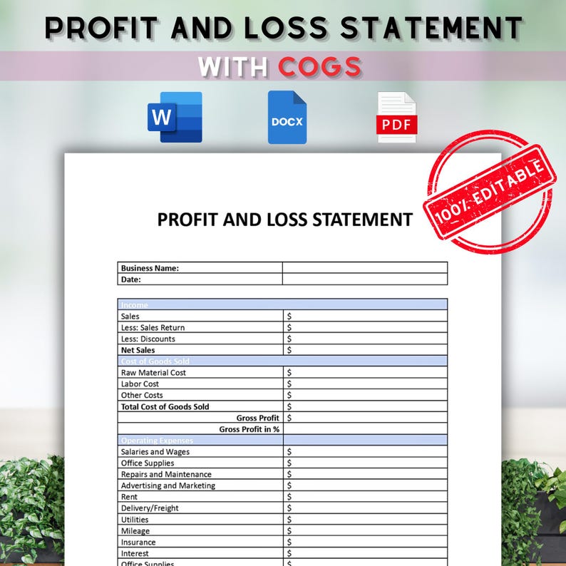 Printable Profit and Loss Statement Template (word, Google Docs, PDF ...
