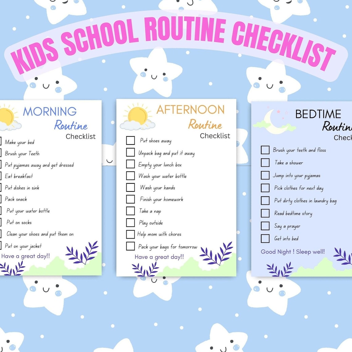Editable School Kids Checklist Bundle Printable Chore Chart for Before & After School Routines ...