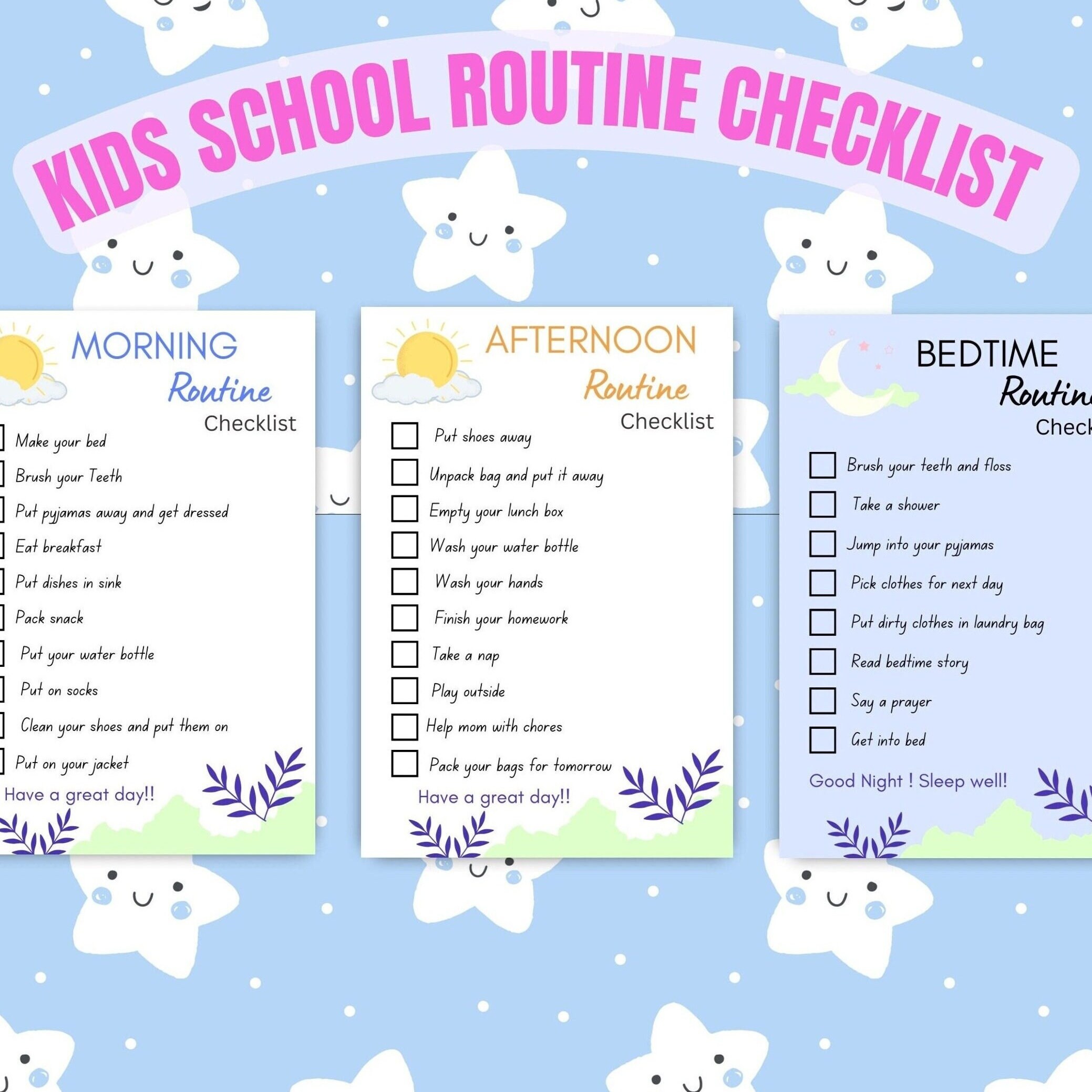 Editable School Kids Checklist Bundle Printable Chore Chart for Before ...