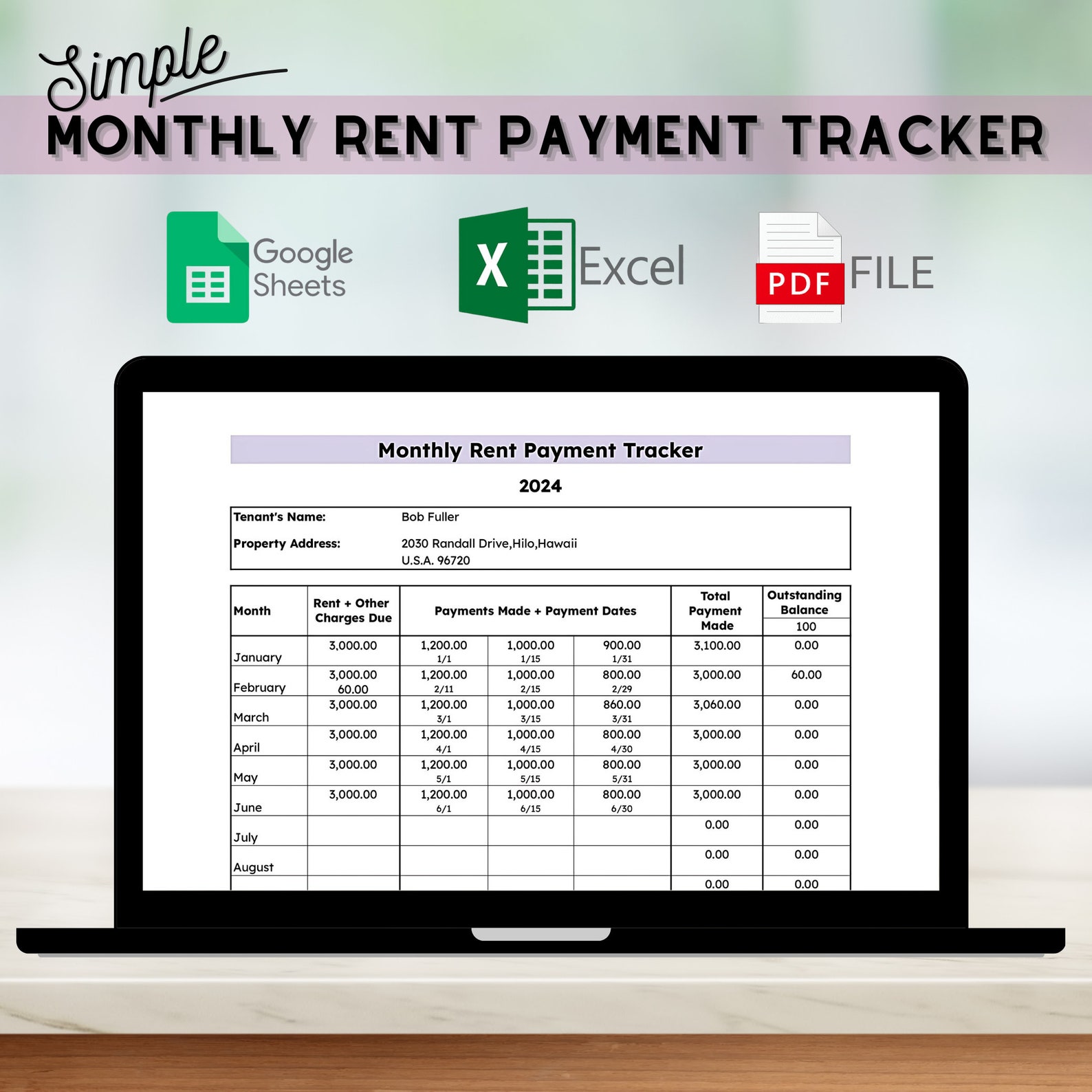 Rent Payment Tracker: Landlord Ledger (excel, Google Sheets, PDF) - Etsy