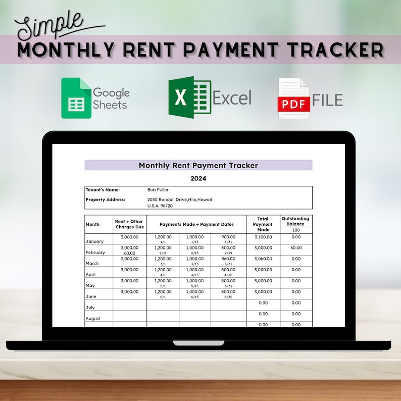 Rent Payment Tracker: Landlord Ledger (excel, Google Sheets, PDF) - Etsy