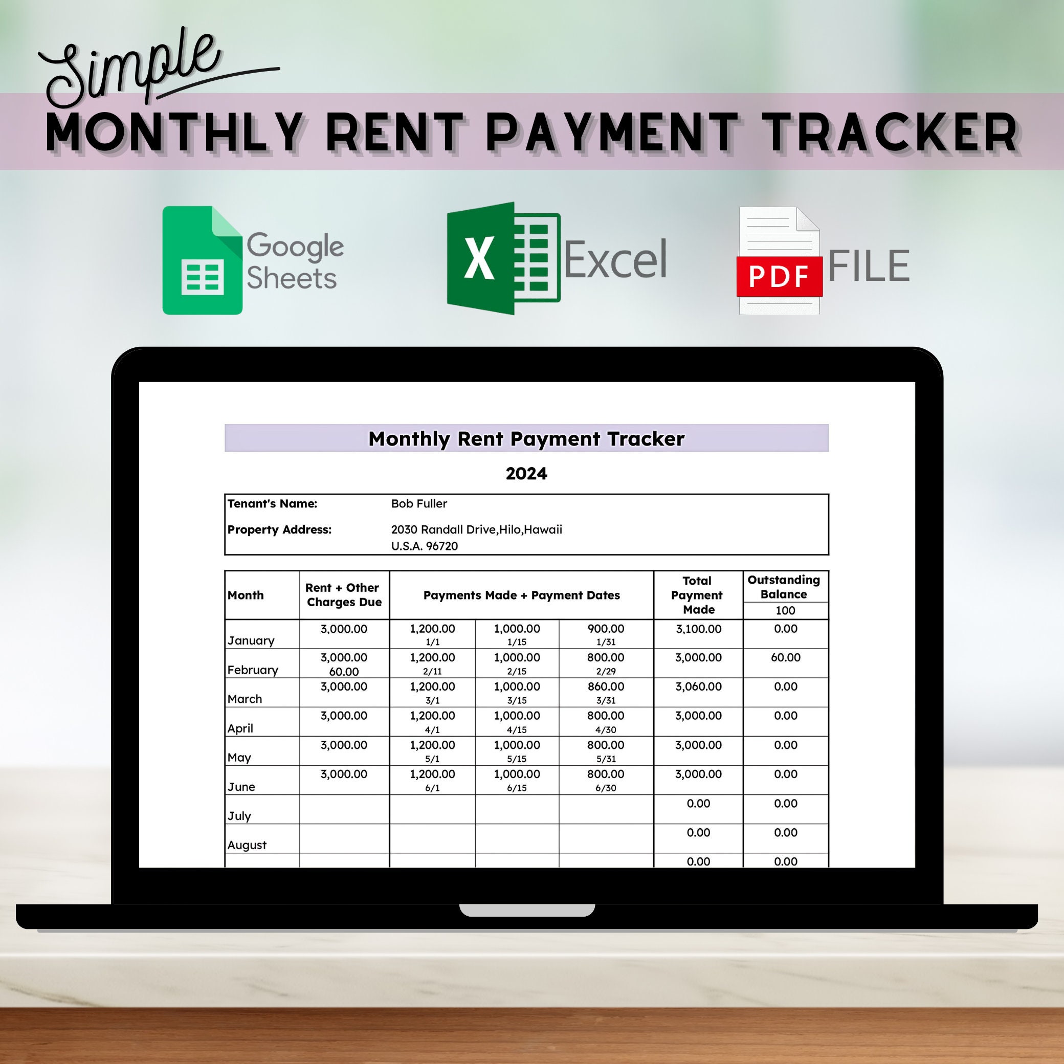 Rent Payment Tracker: Landlord Ledger (excel, Google Sheets, PDF) - Etsy