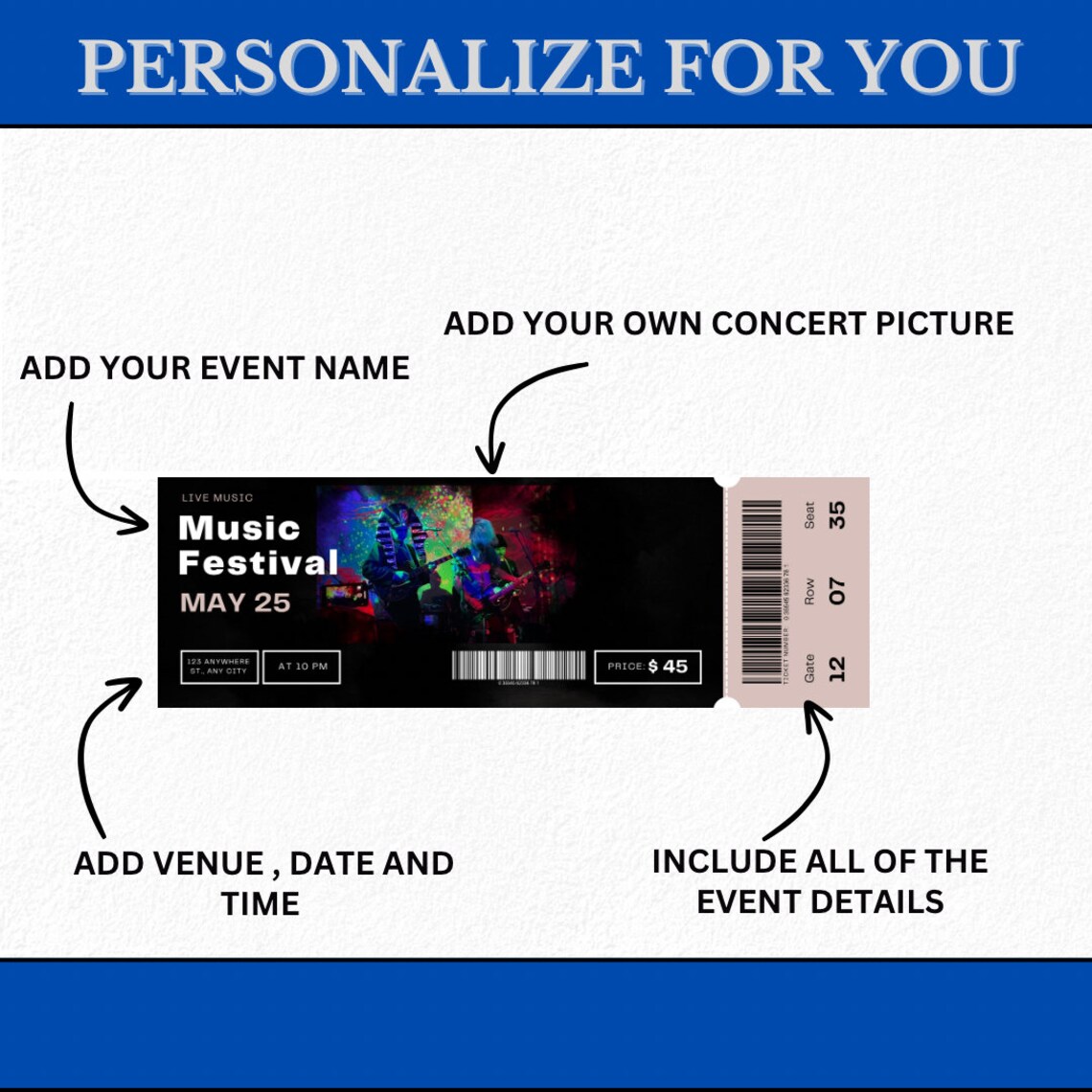 Music Festival Ticket Template: Editable Concert Pass (digital Download ...