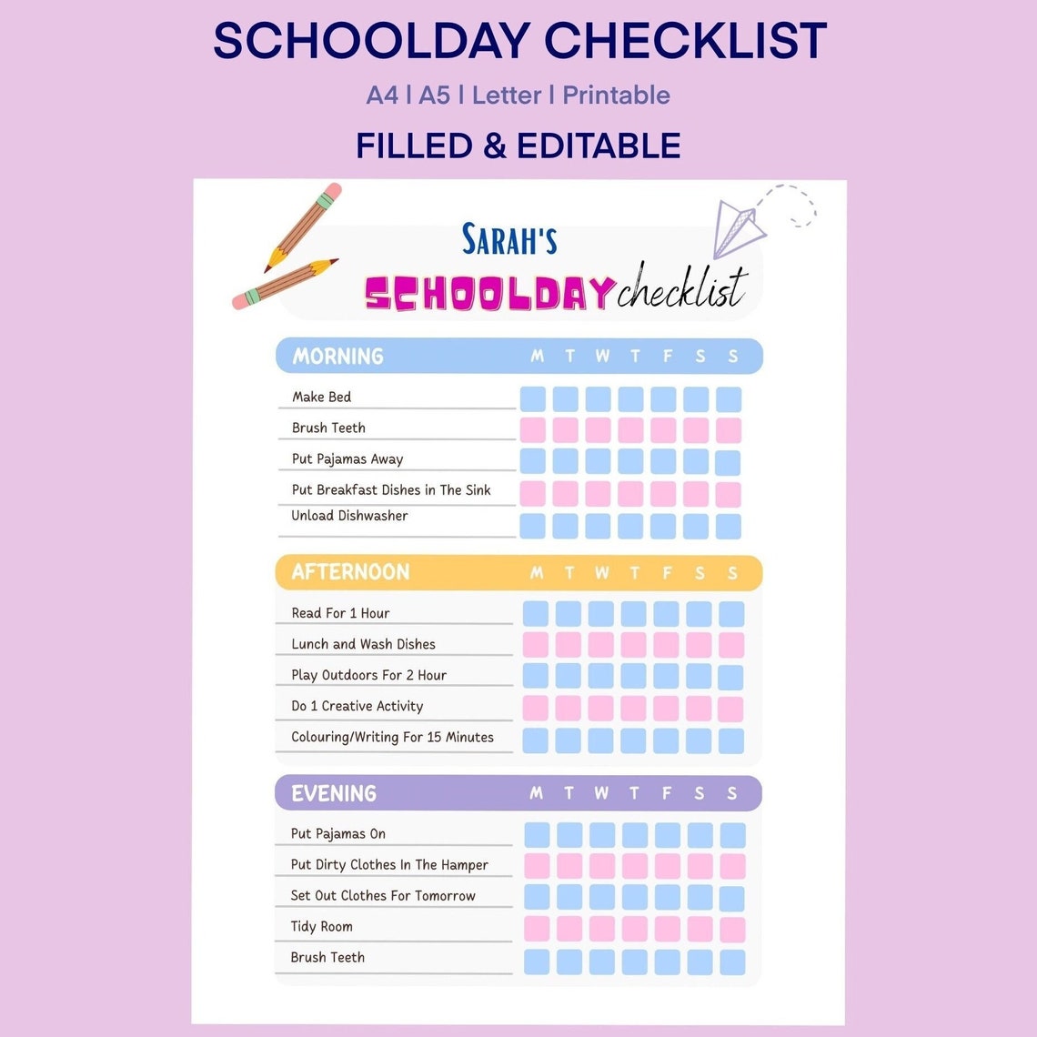 School Kids Checklist: Editable Chore Chart Morning, Afternoon, Bedtime ...