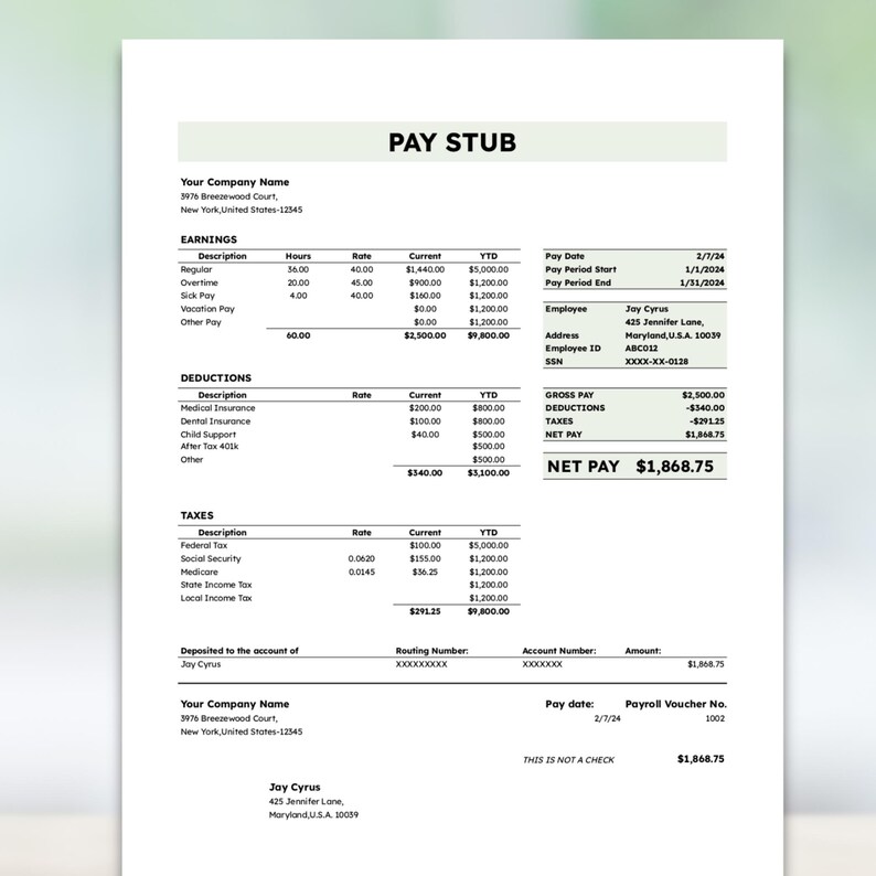 Pay Stub Template for Small Business, Printable Earning Statement ...