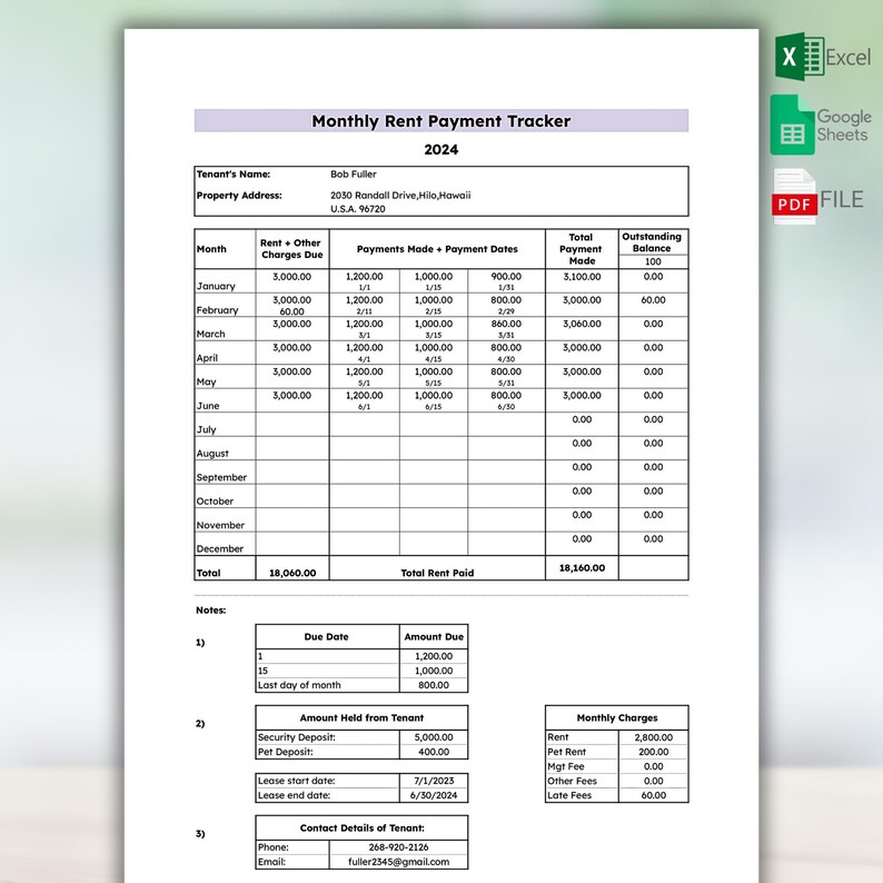 Rent Payment Tracker: Landlord Ledger (excel, Google Sheets, PDF) - Etsy