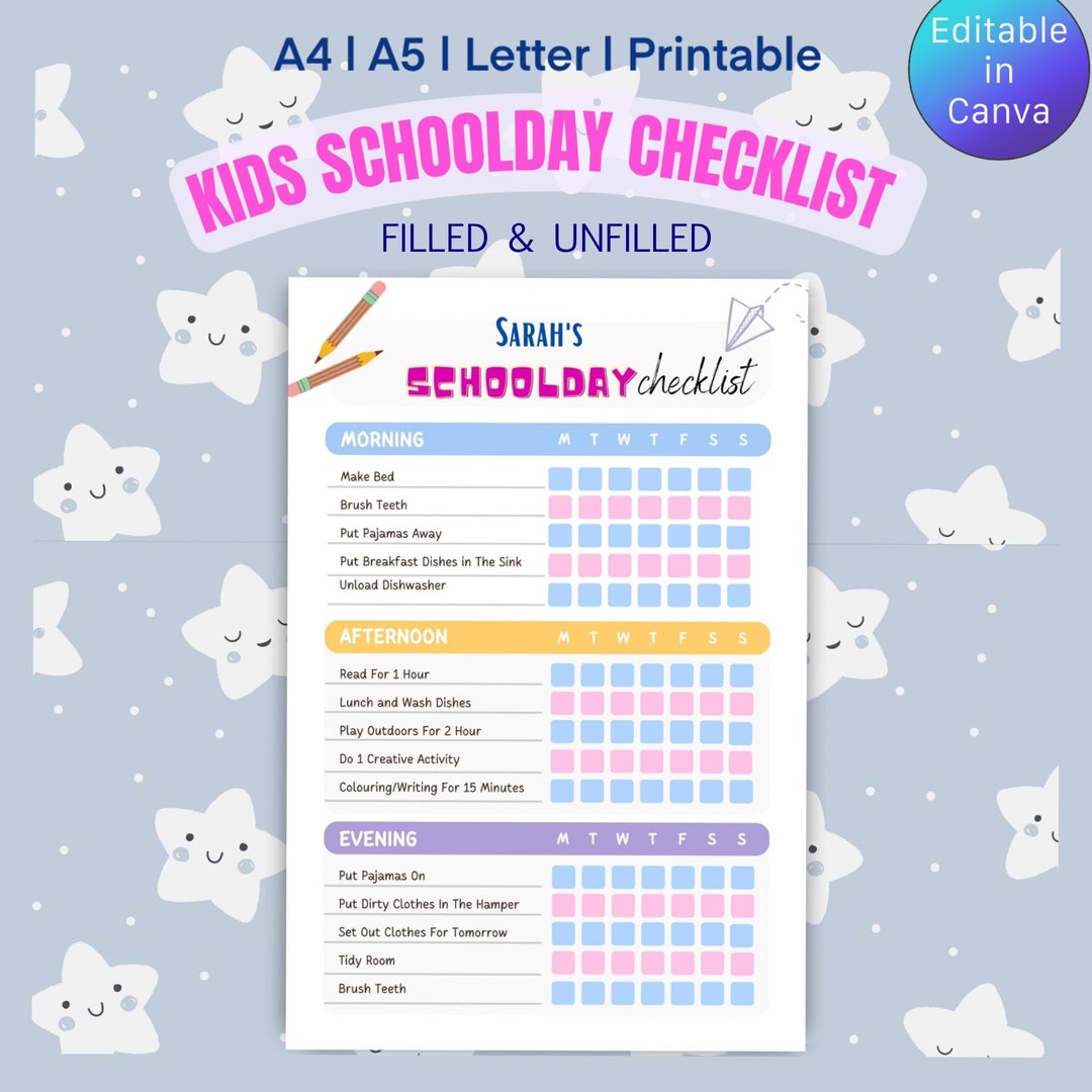 Editable School Kids Checklist Printable Chore Chart Before - Etsy