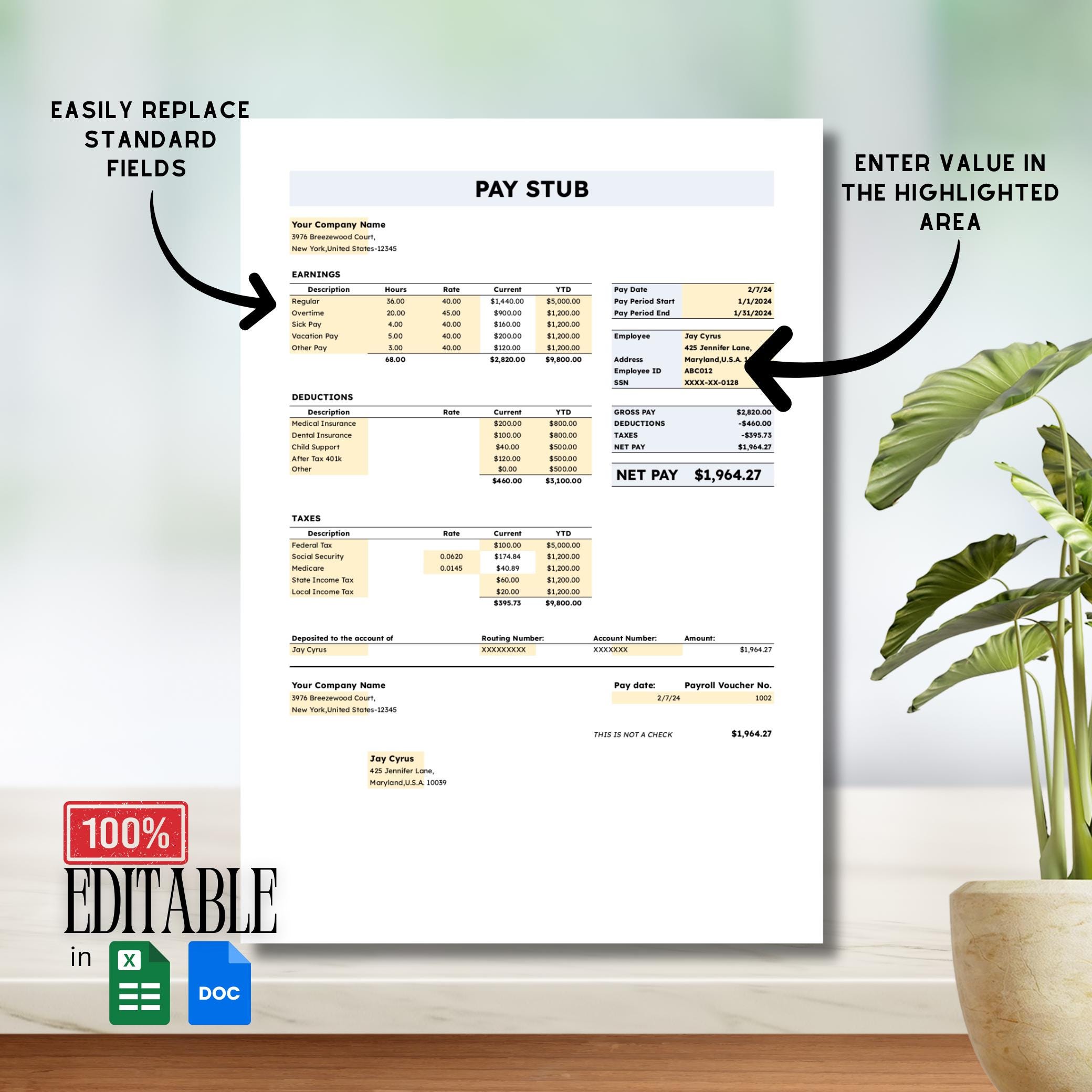 Pay Stub Template: Excel & Google Sheets, Earning Statement (digital ...