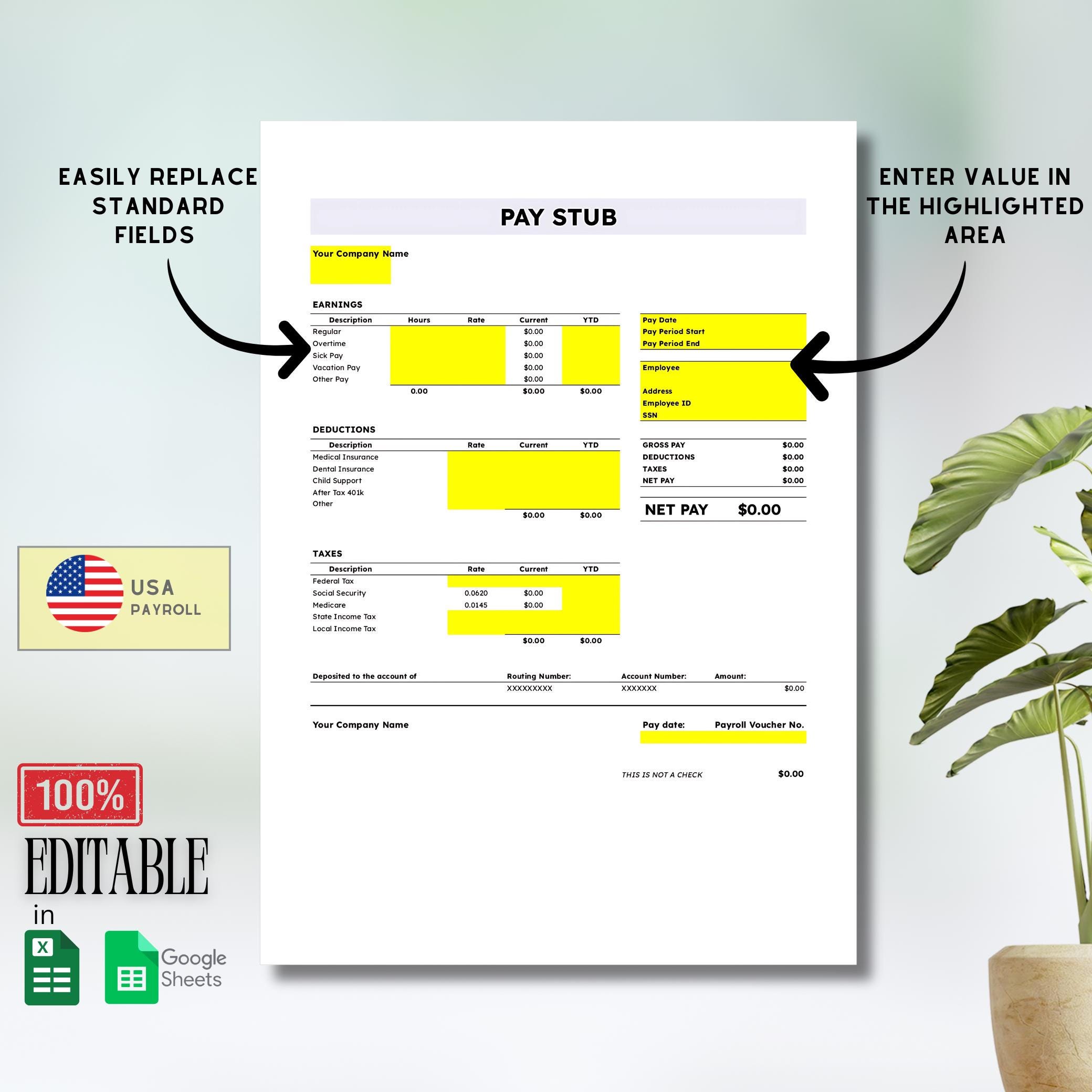 Small Business Paystub Template: Printable Earning Statement (excel ...