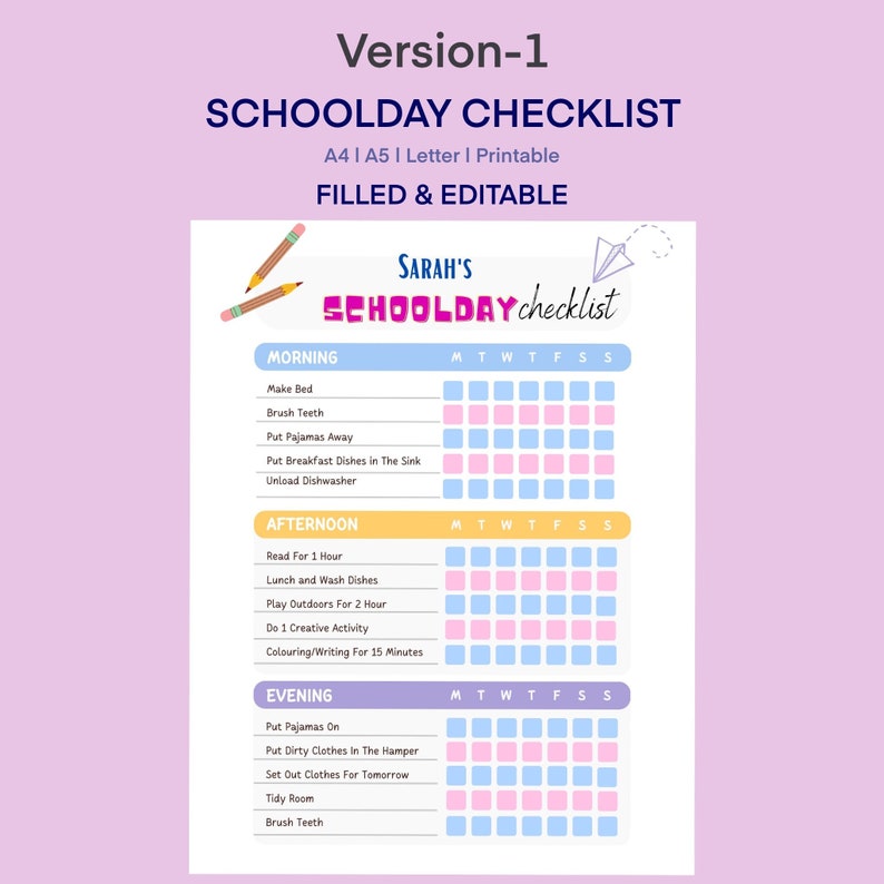 School Kids Checklist: Editable Chore Chart Morning, Afternoon, Bedtime ...