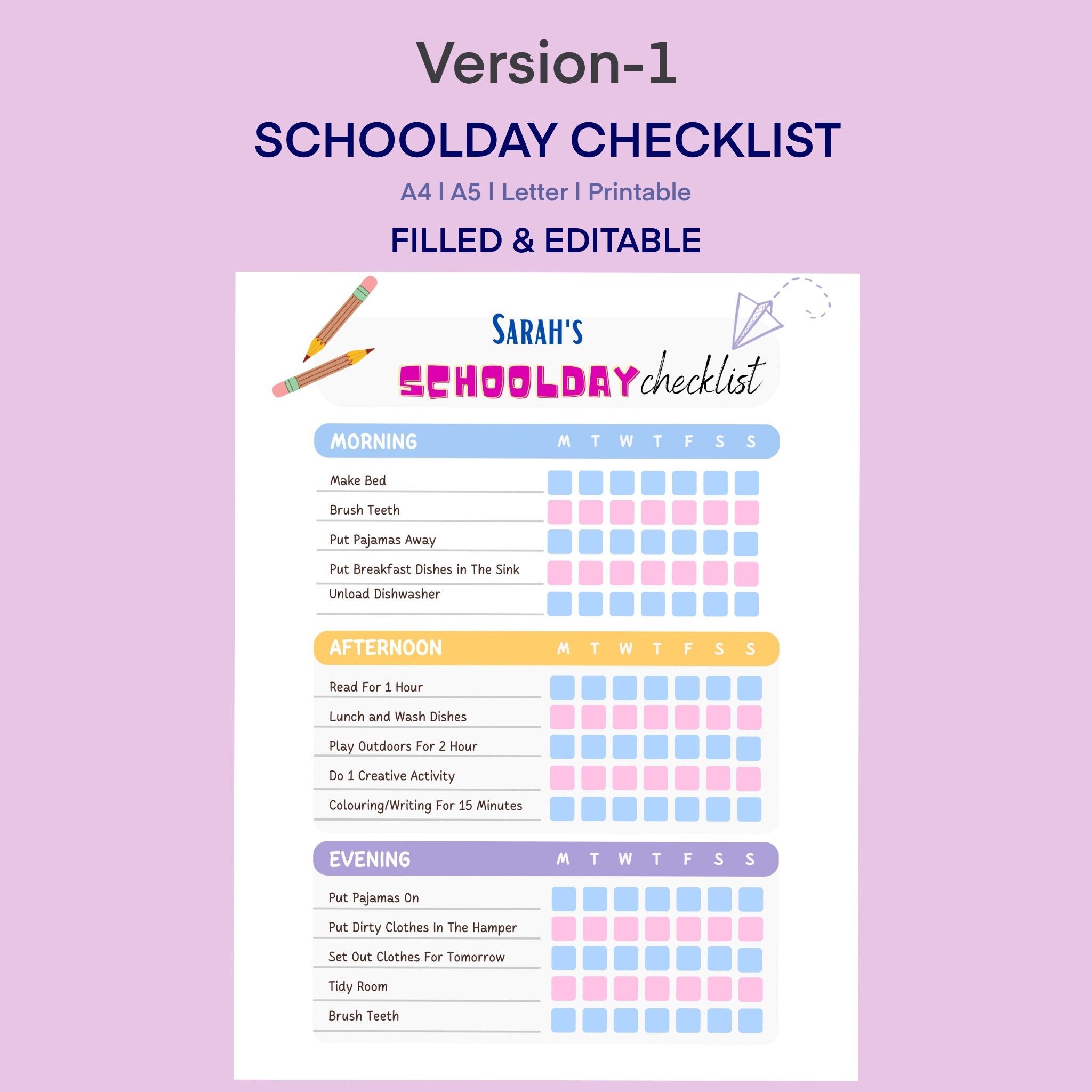 School Kids Checklist: Editable Chore Chart Morning, Afternoon, Bedtime ...