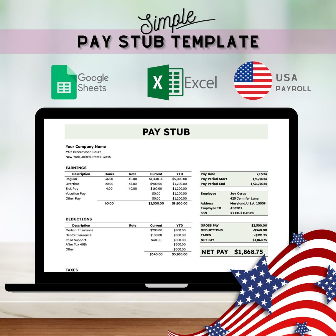 Pay Stub Template for Small Business, Printable Earning Statement ...