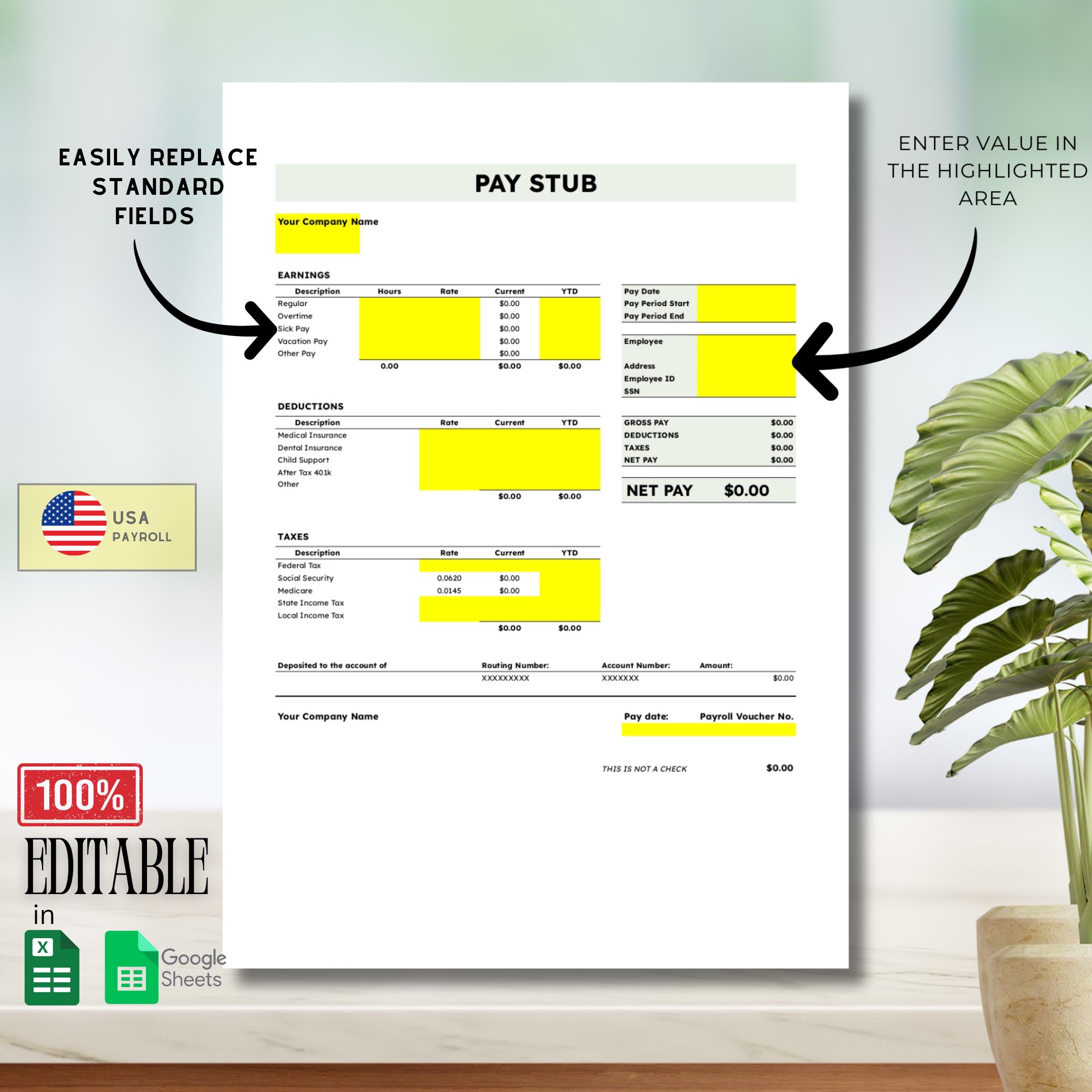Pay Stub Template for Small Business, Printable Earning Statement ...