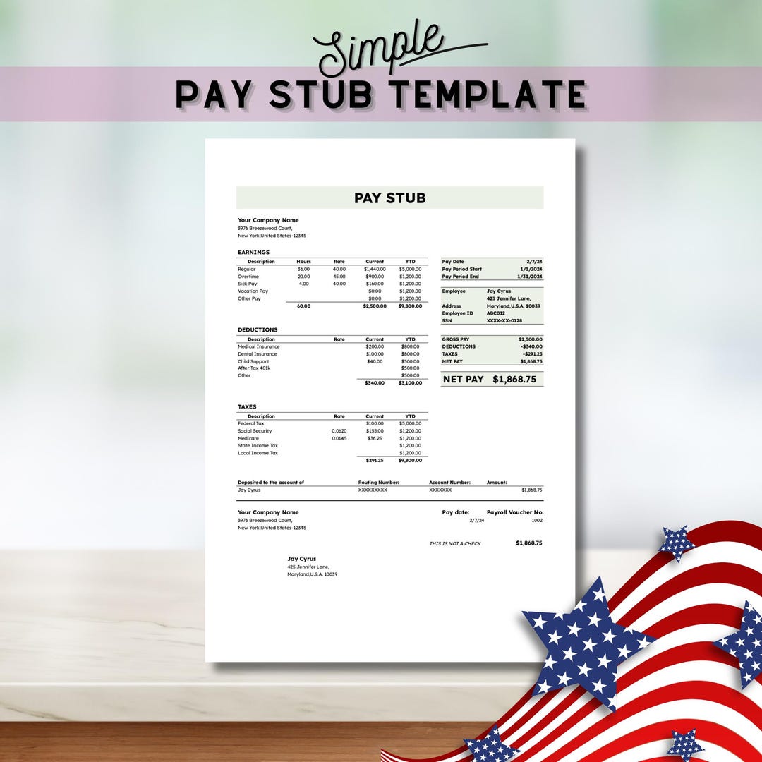 Pay Stub Template for Small Business, Printable Earning Statement ...