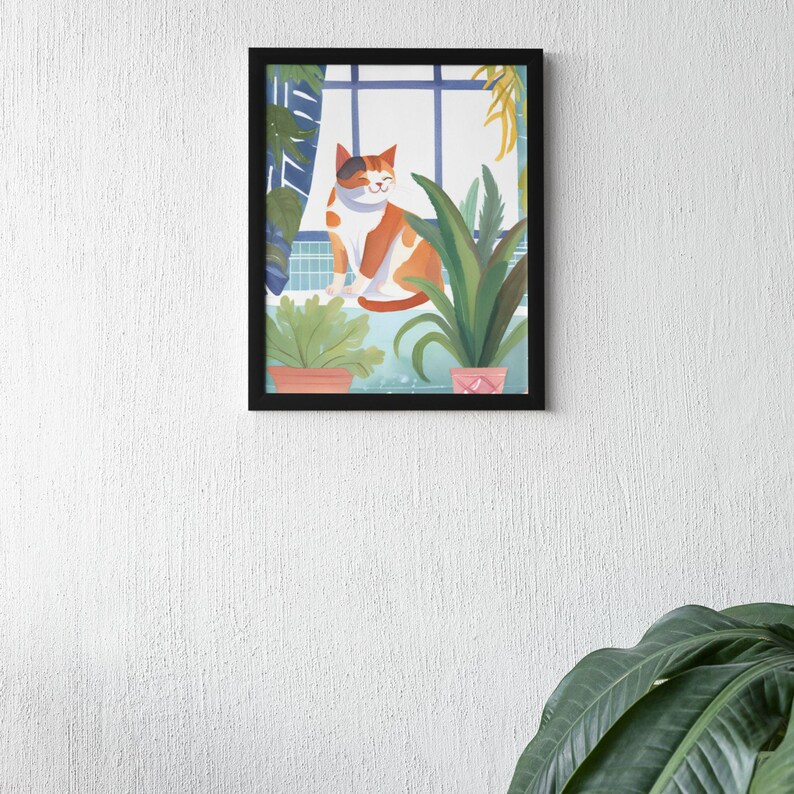 Cat With Plants Watercolor Print Cat Bathroom Sign Calico Canvas ...