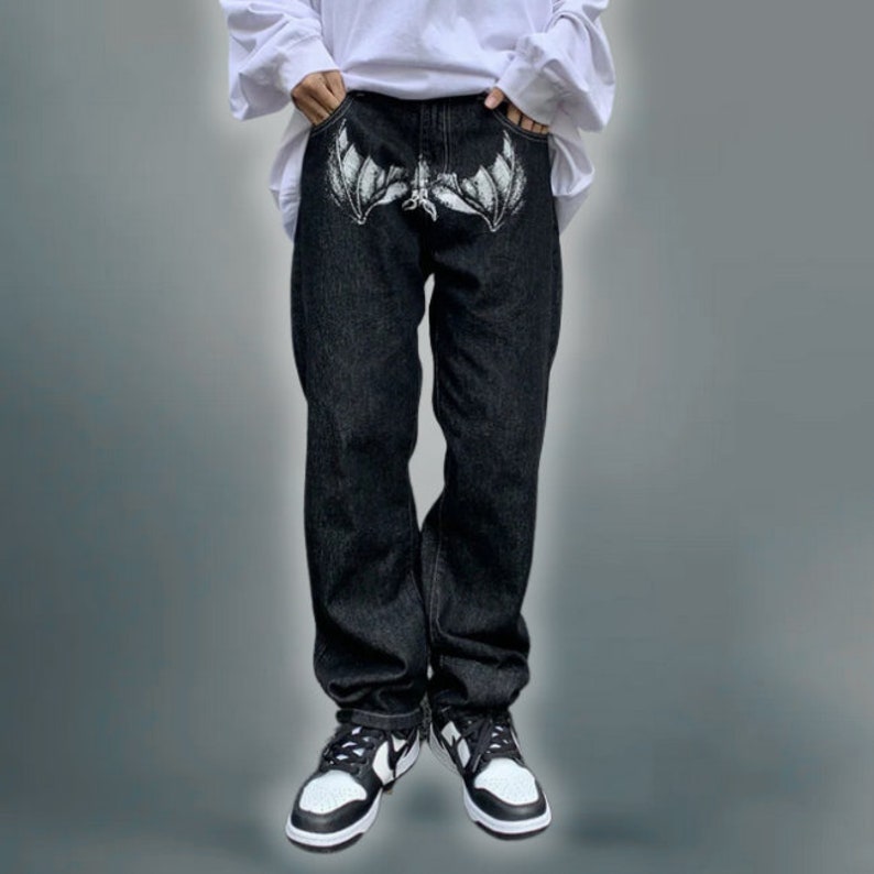 Y2K Bat Embroided Jeans, Baggy Style Pants, Harajuku, Goth Clothes, Y2K ...