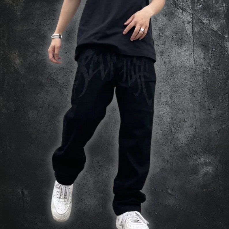 Y2K Letter Embroided Jeans, Baggy Jeans, Black Wide Leg Jeans, Goth ...