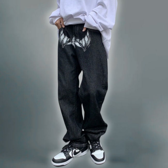 Y2K Bat Embroided Jeans, Baggy Style Pants, Harajuku, Goth Clothes, Y2K ...