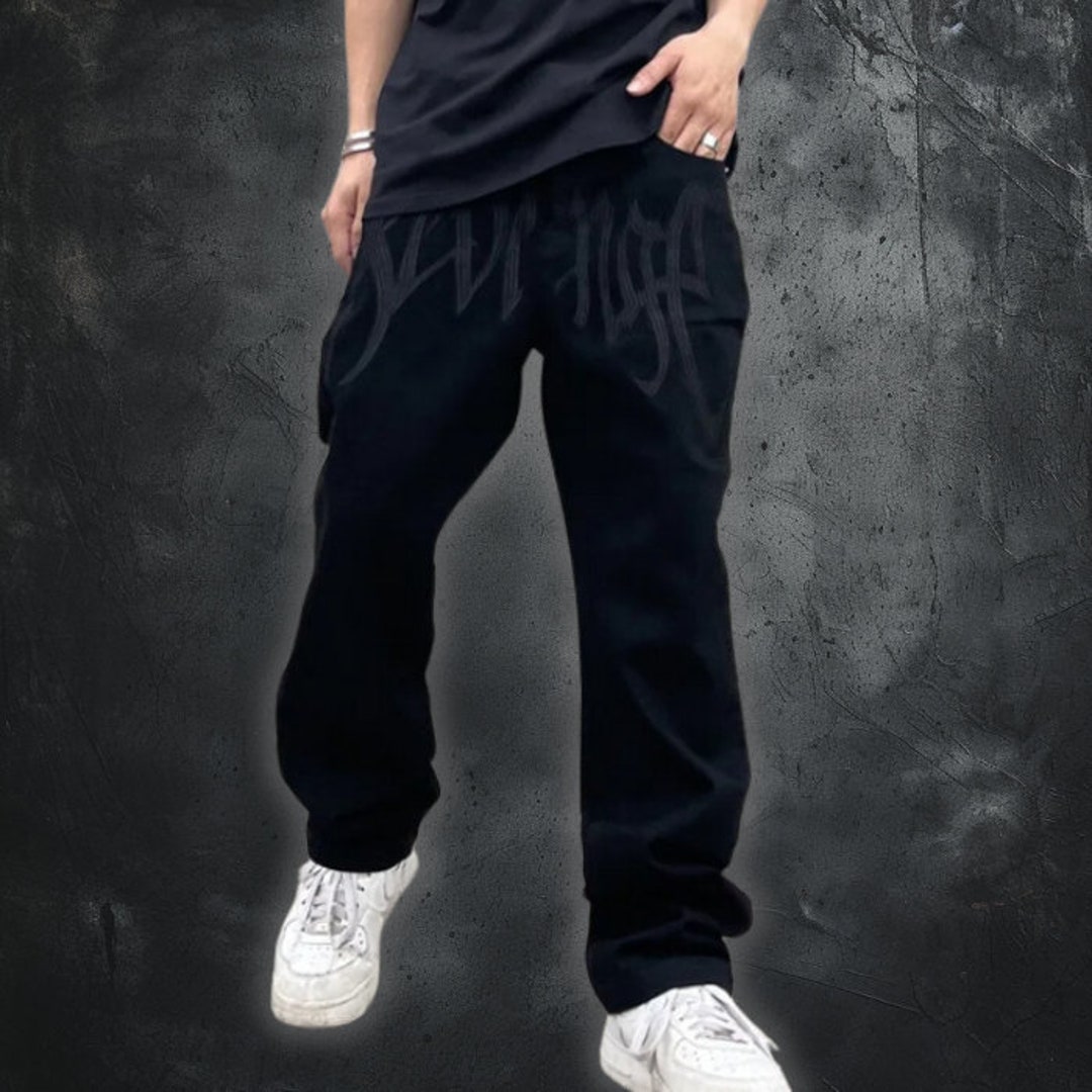 Y2K Letter Embroided Jeans, Baggy Jeans, Black Wide Leg Jeans, Goth ...