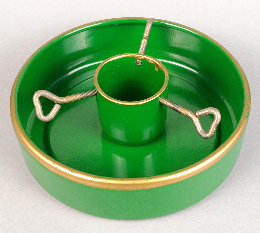 Vintage German Christmas Tree Stand — Green Enamel Metal Base With Gold ...