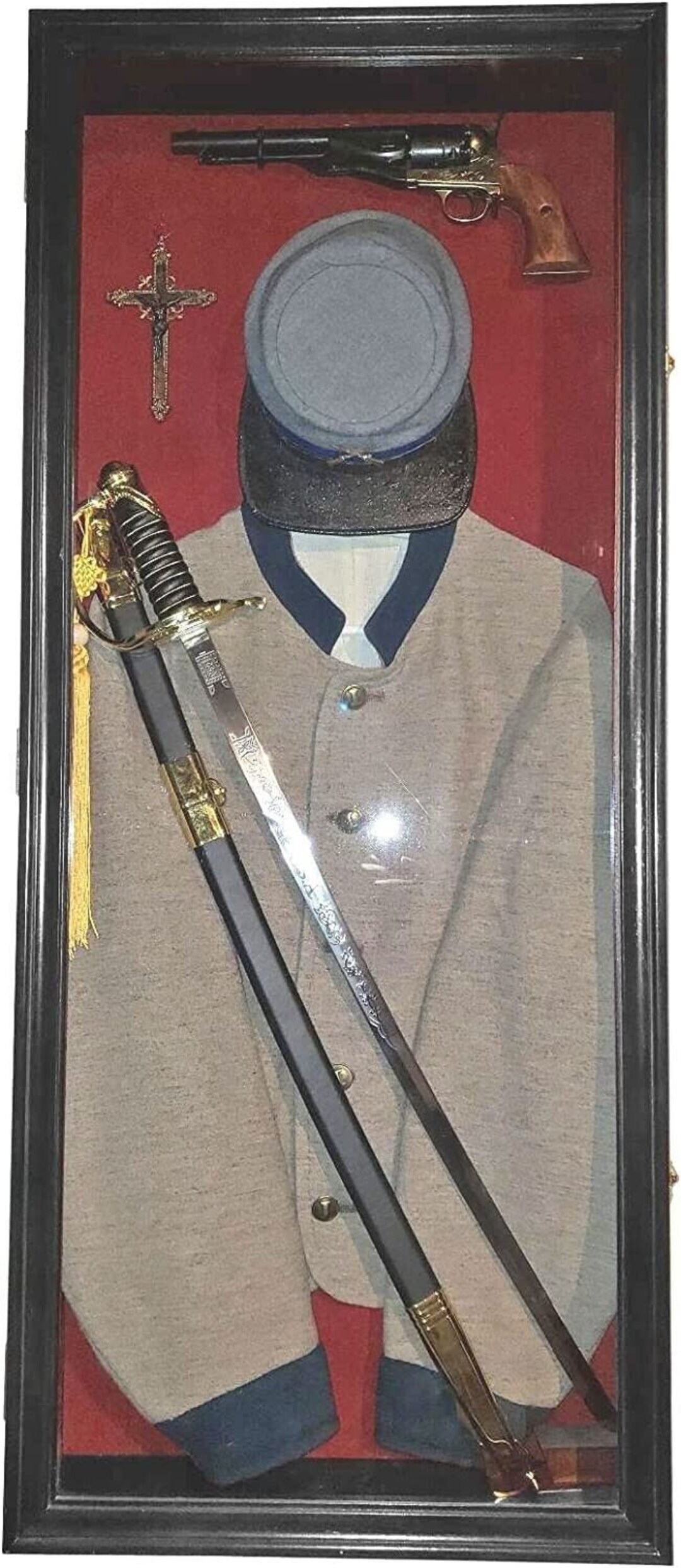 Military Uniform Display Case 45 Cabinet Black & Red Felt Army Sword ...