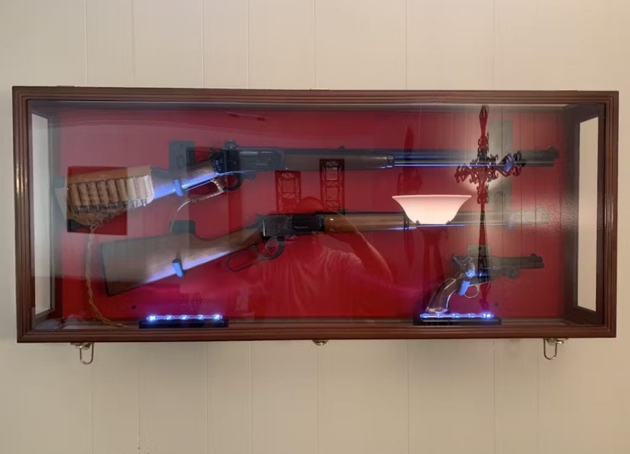 Gun Display Case Double Walnut 45 Solid Wood Henry Rifle Shotgun ...