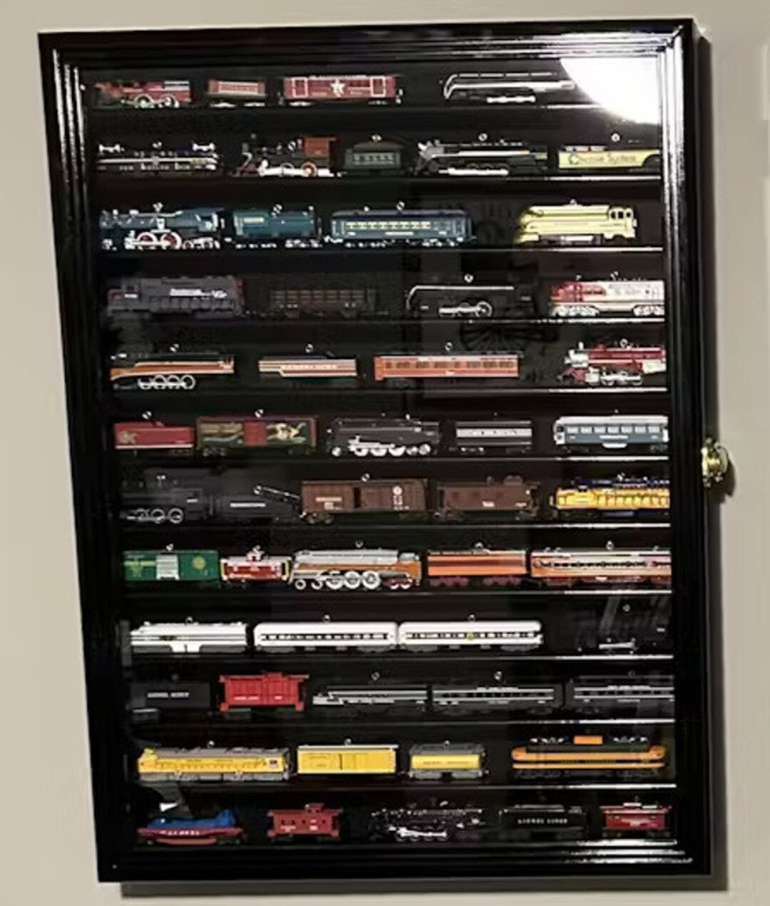 Train Display Case Black N Scale Model 12 Shelves Wall Mount Solid Wood ...