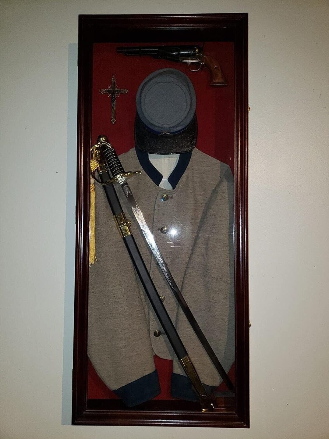 Military Uniform Display Case 45 Cabinet Mahogany & Red Felt Army Sword ...