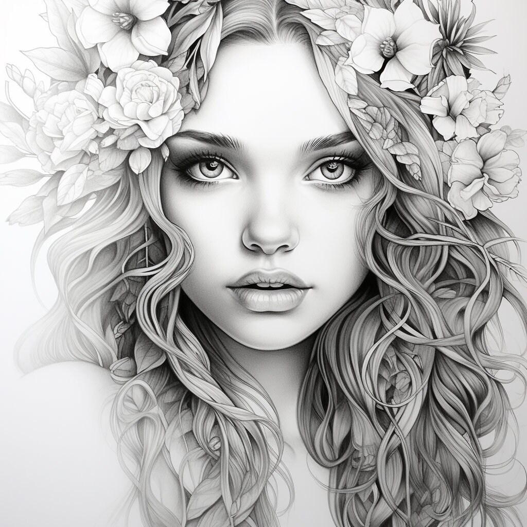 Coloring Book to Print for Adults, Very Beautiful Women With Flowers ...