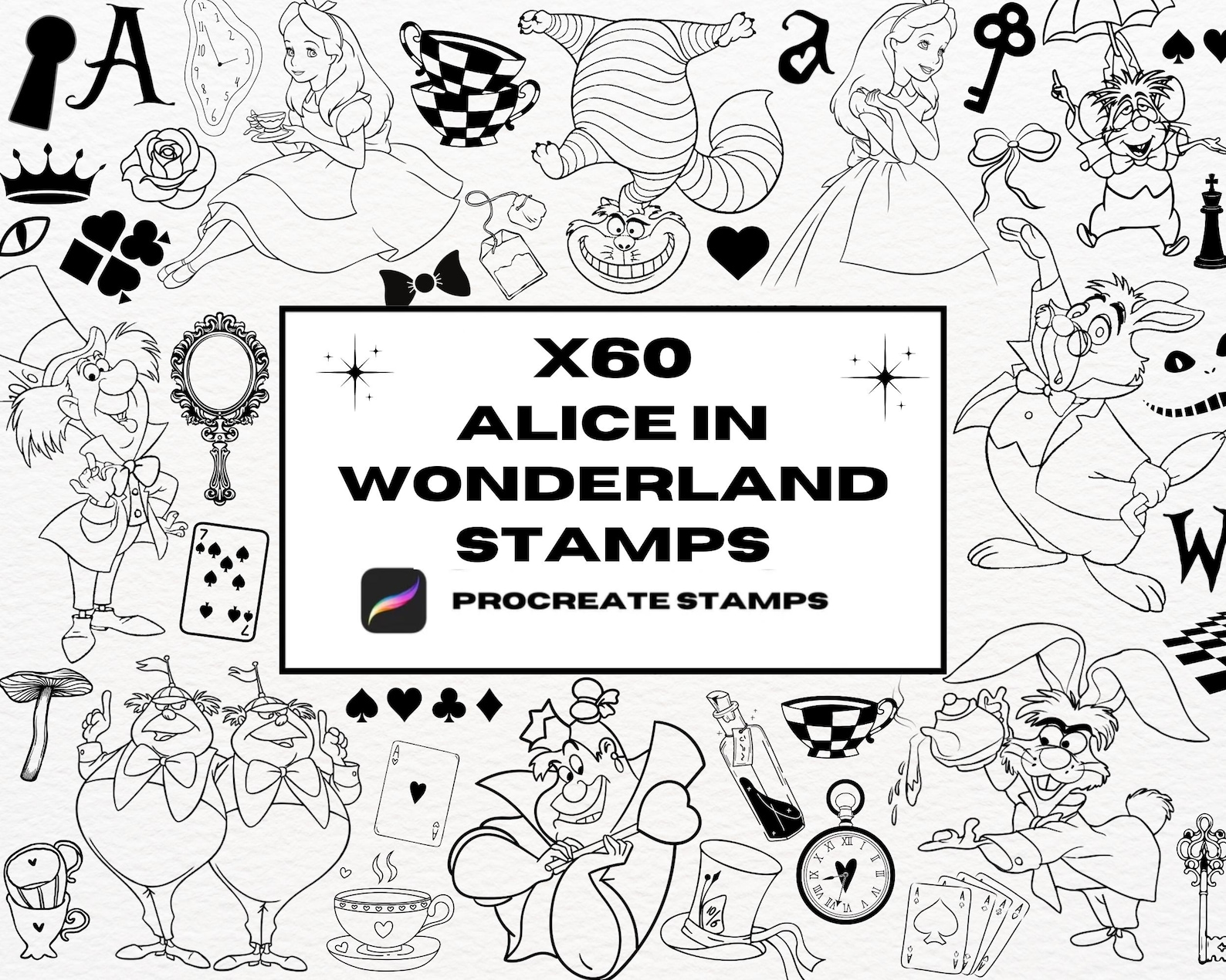 Alice in Wonderland Tattoo Stamps: Procreate Brushes (60) - Etsy
