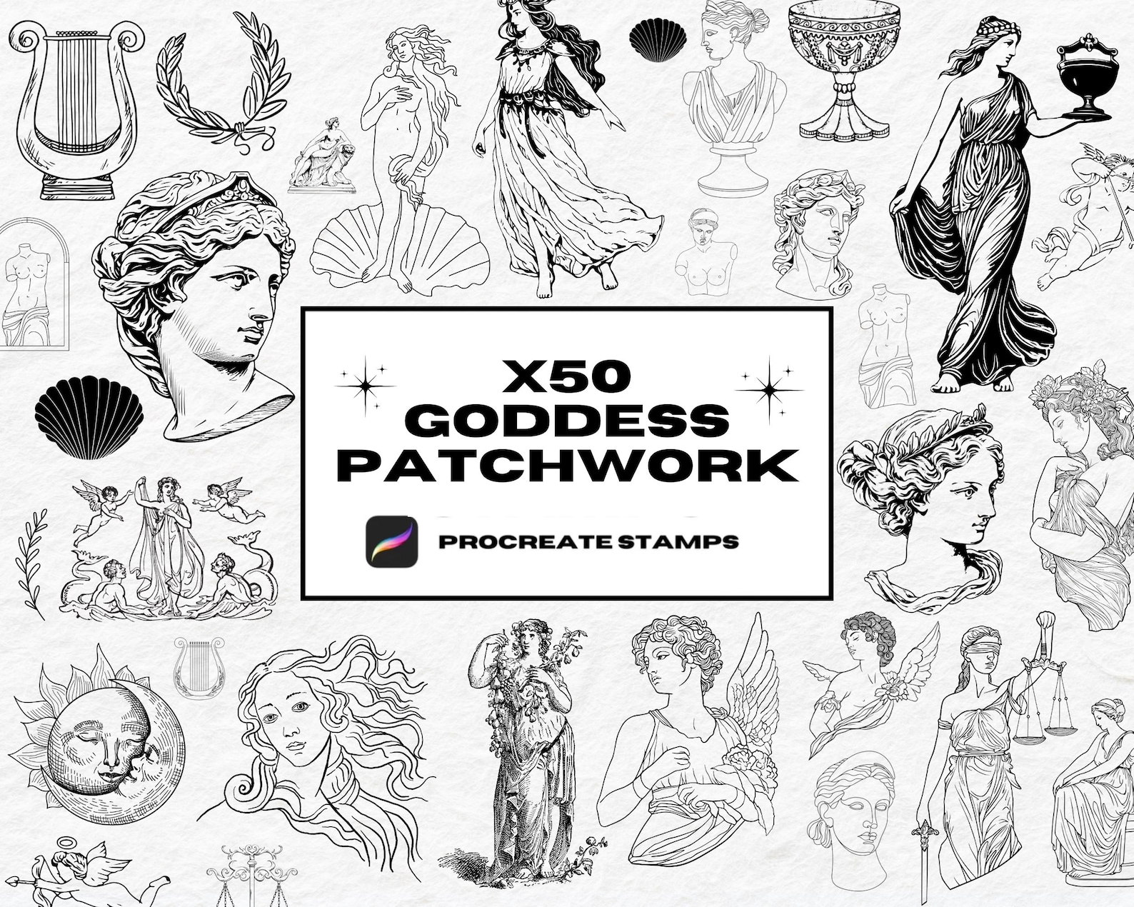 Goddess Tattoo Stamps: 50 Procreate Outline Brushes (patchwork Flash ...
