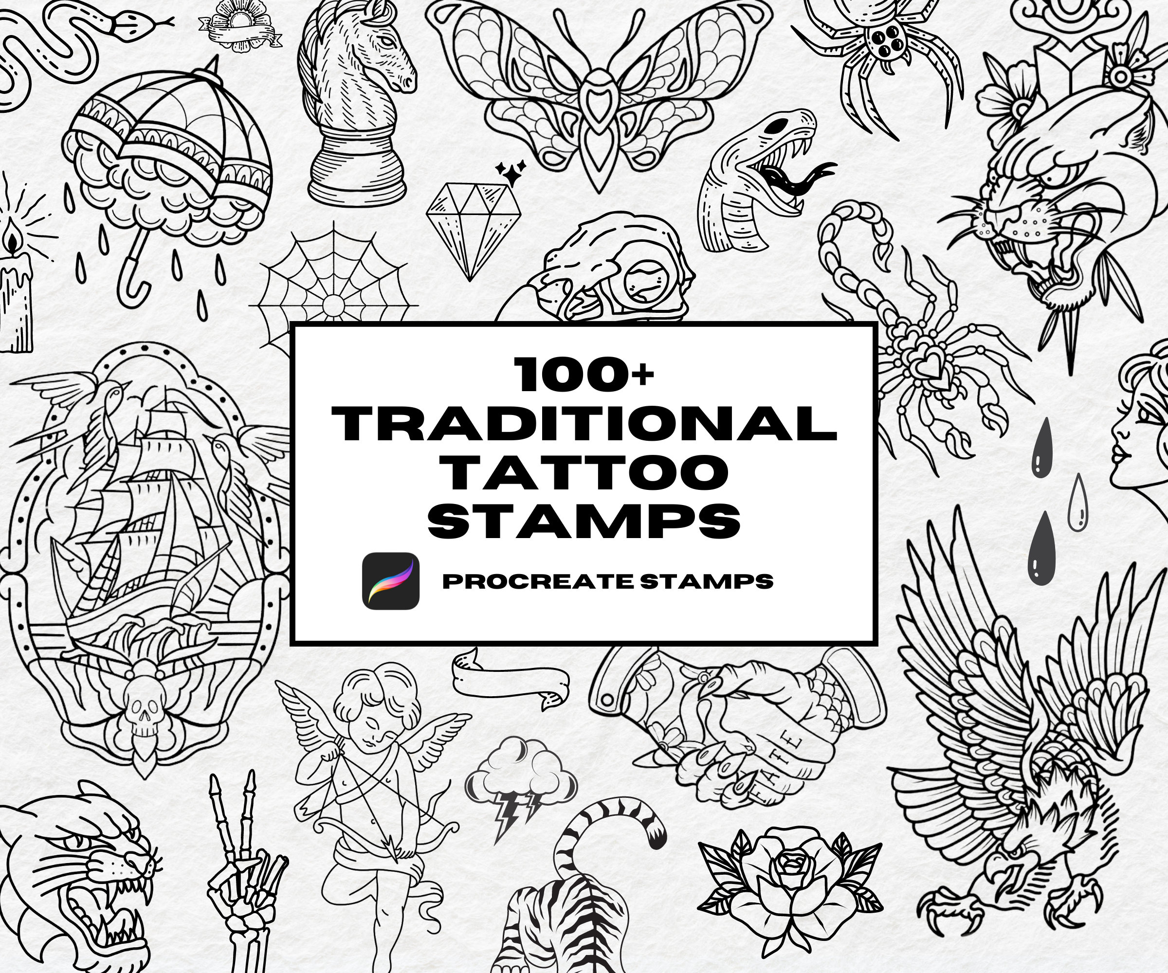 100+ Traditional Tattoo Procreate Stamps: Flash Tattoo Stencil - Etsy