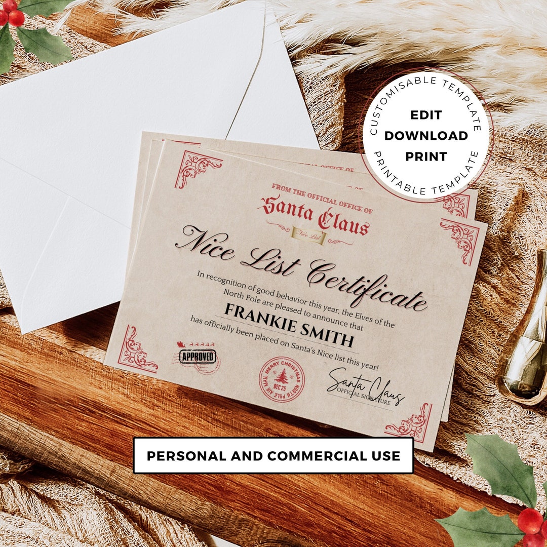 Personalised Nice List Certificate Nice List Template - Etsy